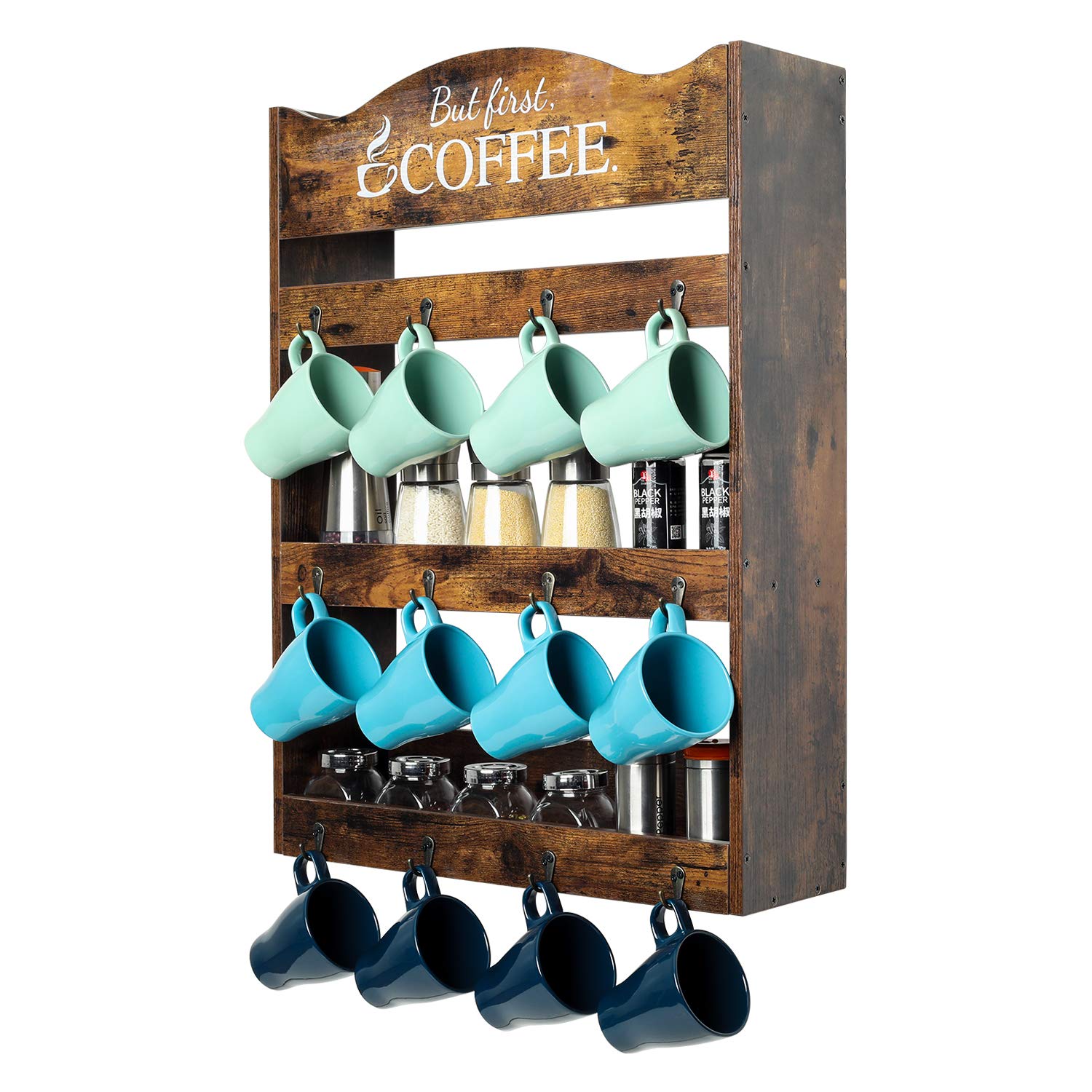 PAG Wall Mounted Coffee Mug Rack Tea Cup Organizer Display Shelf with Coffee Sign, 3 Tier & 12 Hooks, Antique Brown
