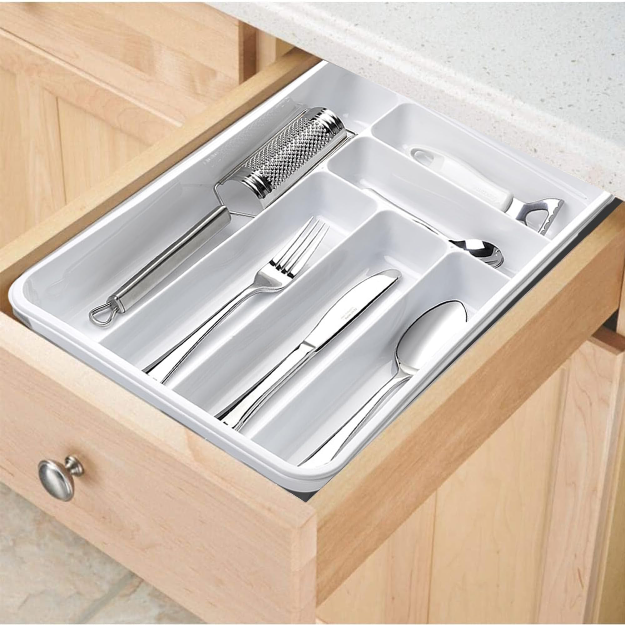 PLASTIFIC 1 Tier Large & Deep CUTLERY TRAY Flatware Organiser Strong Plastic Drawer Sliding Tidy Multipurpose flatware Holder Kitchen Accessories for Tableware(1A - White)…