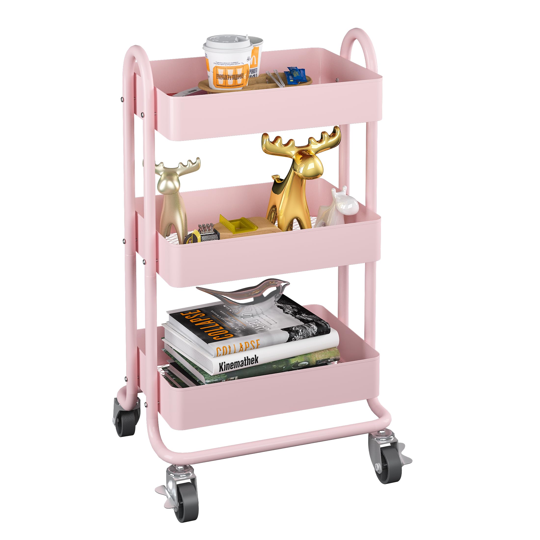 MIOCASA 3-Tier Metal Utility Rolling Cart, Heavy Duty Multifunction Cart with Lockable Casters, Easy to Assemble, Suitable for Office, Bathroom, Kitchen, Garden (Pink)