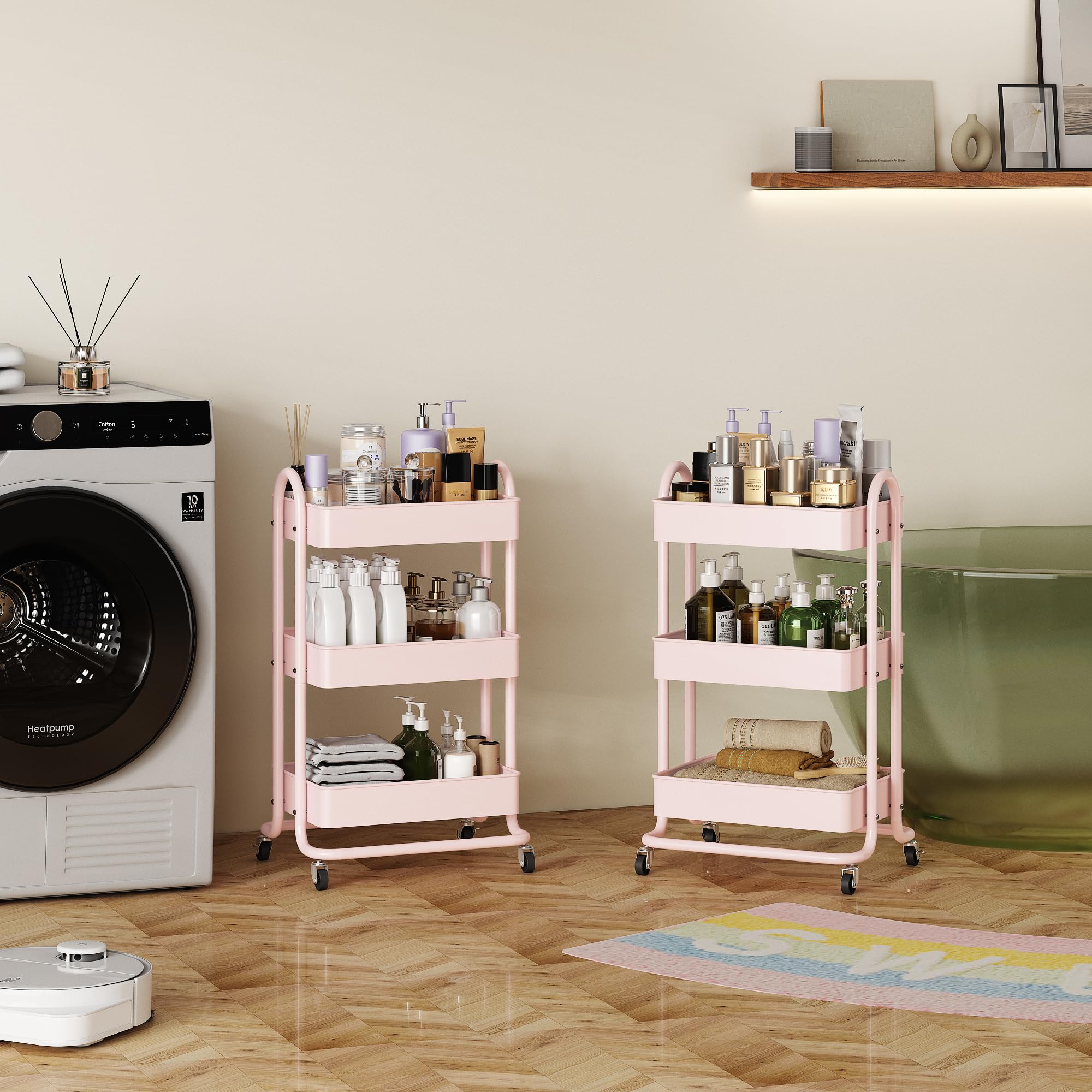 MIOCASA 3-Tier Metal Utility Rolling Cart, Heavy Duty Multifunction Cart with Lockable Casters, Easy to Assemble, Suitable for Office, Bathroom, Kitchen, Garden (Pink)