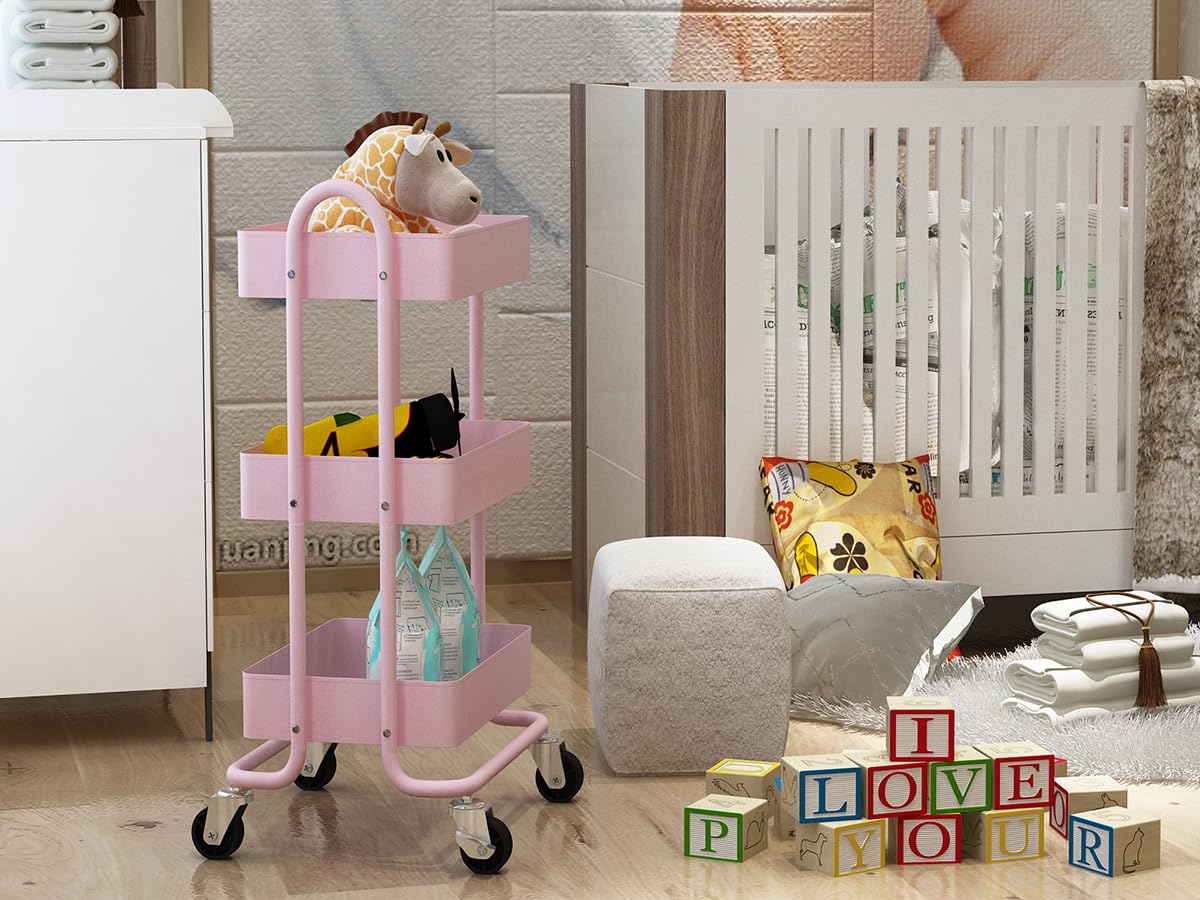 MIOCASA 3-Tier Metal Utility Rolling Cart, Heavy Duty Multifunction Cart with Lockable Casters, Easy to Assemble, Suitable for Office, Bathroom, Kitchen, Garden (Pink)