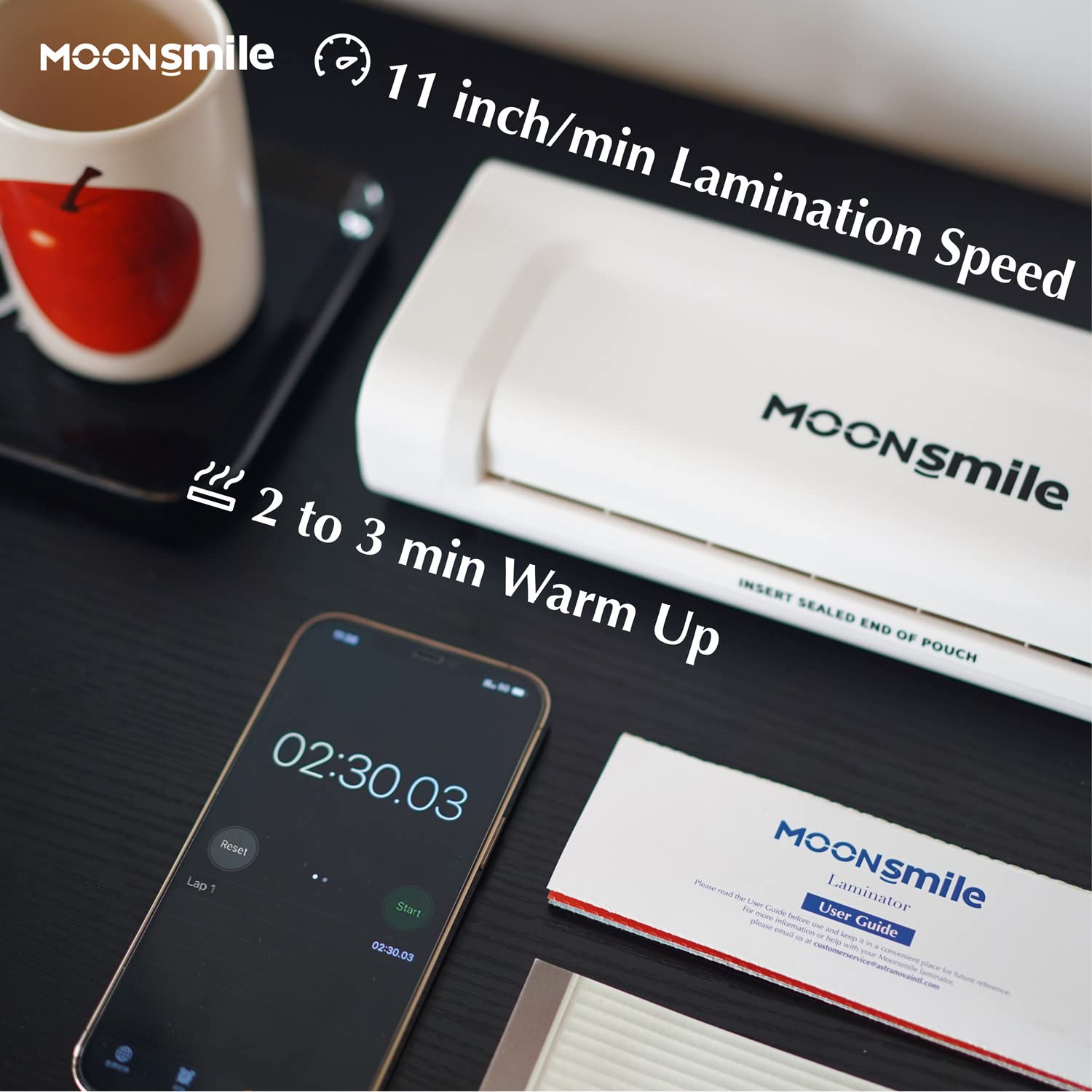 Laminator Machine with 30 Laminating Sheets, Moonsmile 9 Inch Thermal Laminating Machine for Home Office School, Hot & Cold, Light Weight, Portable, Never Jam, Quick Warm Up, White