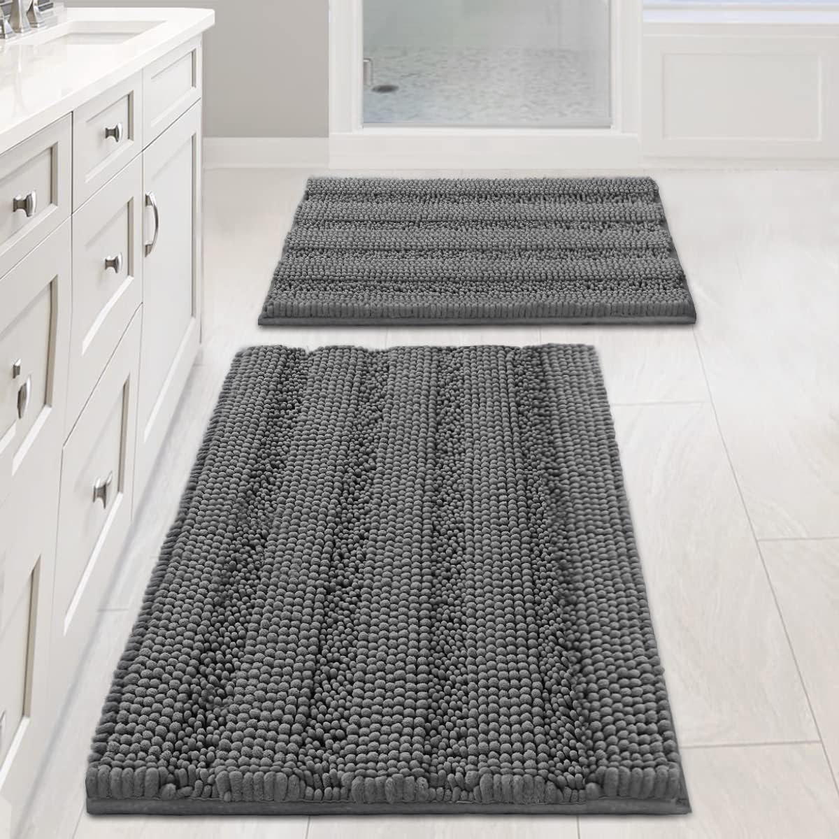 2 Piece Bathroom Set Bathroom Rugs Bath Mat Set Bath Rugs Bath Mats for Bathroom Non Slip Thick Soft Chenille Striped Bath Rug Set, Door Mats for Kitchen/Living Room (Grey, 20" x 32"/17" x 24")