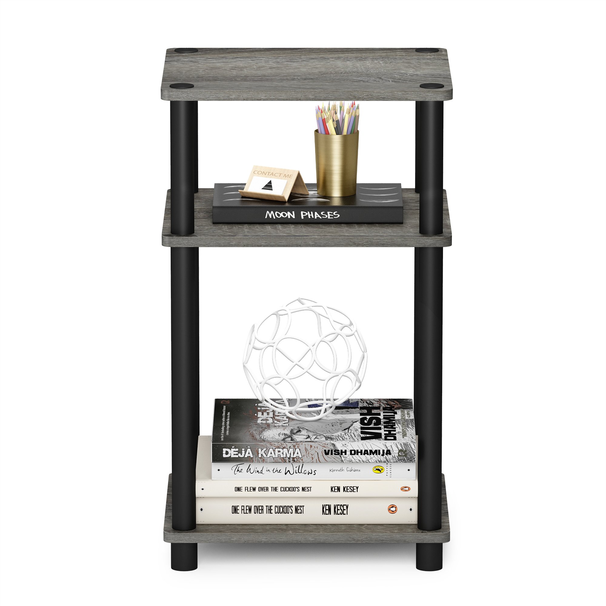 Furinno Just 3-Tier Turn-N-Tube End Table / Side Table / Night Stand / Bedside Table with Plastic Poles, 1-Pack, French Oak Grey/Black