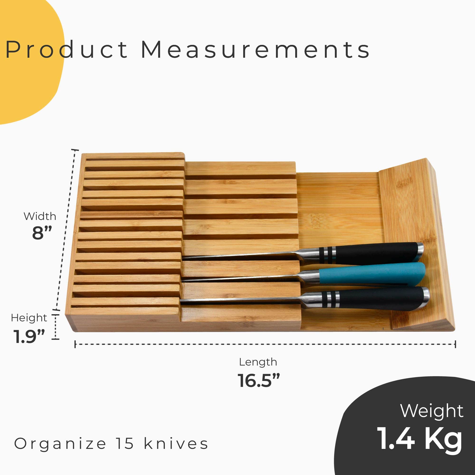 Xabono Knife Drawer Organizer Bamboo Kitchen Organizer Large Knife Block EdgeProtecting Kitchen Drawer Organizer Natural Silverware Organizer Elegant Bamboo Knife Drawer Organizer (15 Knife Organizer)