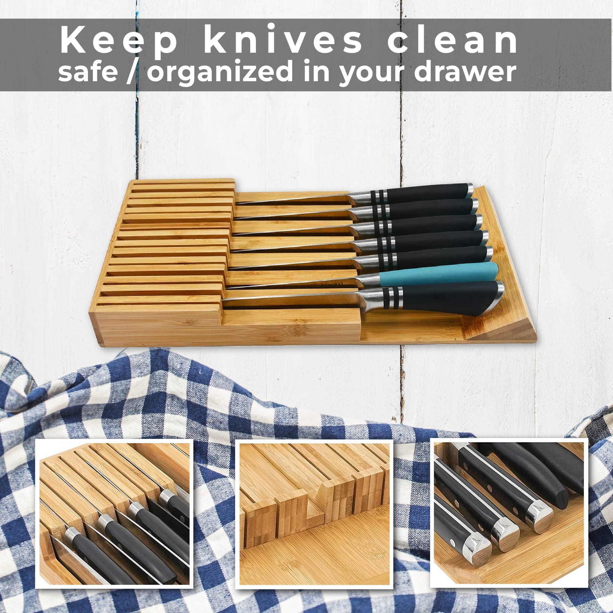 Xabono Knife Drawer Organizer Bamboo Kitchen Organizer Large Knife Block EdgeProtecting Kitchen Drawer Organizer Natural Silverware Organizer Elegant Bamboo Knife Drawer Organizer (15 Knife Organizer)