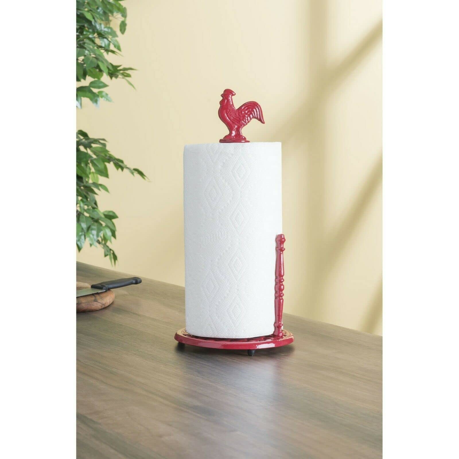 Linen StoreĀ Cast Iron Paper Towel Holder with Dispensing Side Bar, Free-Standing Heavy Duty Kitchen Decor Beautiful Farmhouse Rooster Design - Red