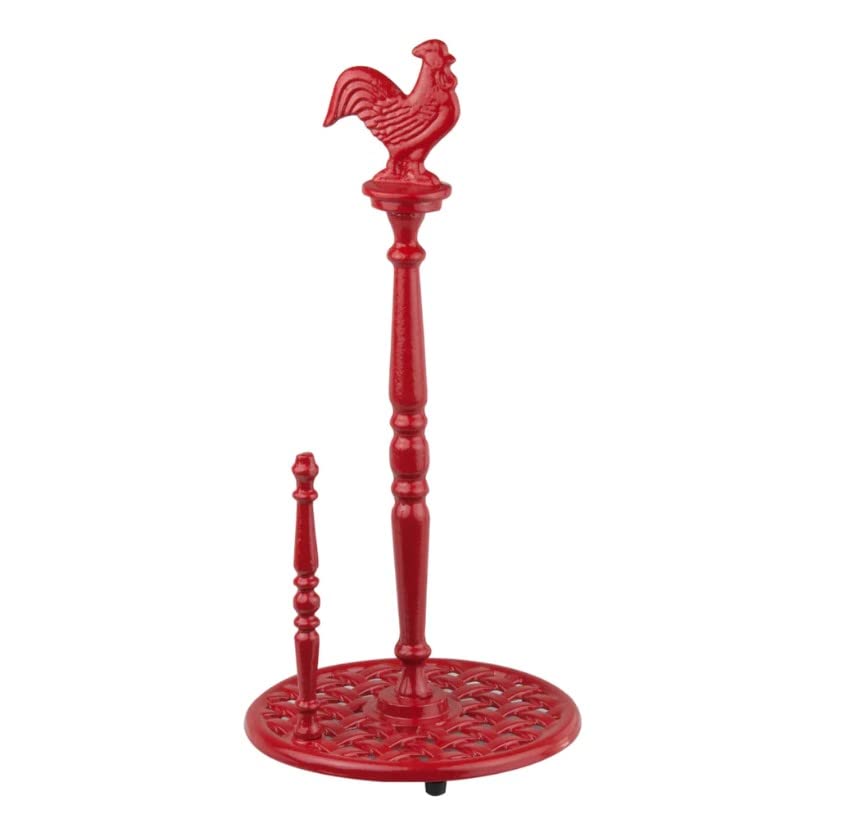 Linen StoreĀ Cast Iron Paper Towel Holder with Dispensing Side Bar, Free-Standing Heavy Duty Kitchen Decor Beautiful Farmhouse Rooster Design - Red
