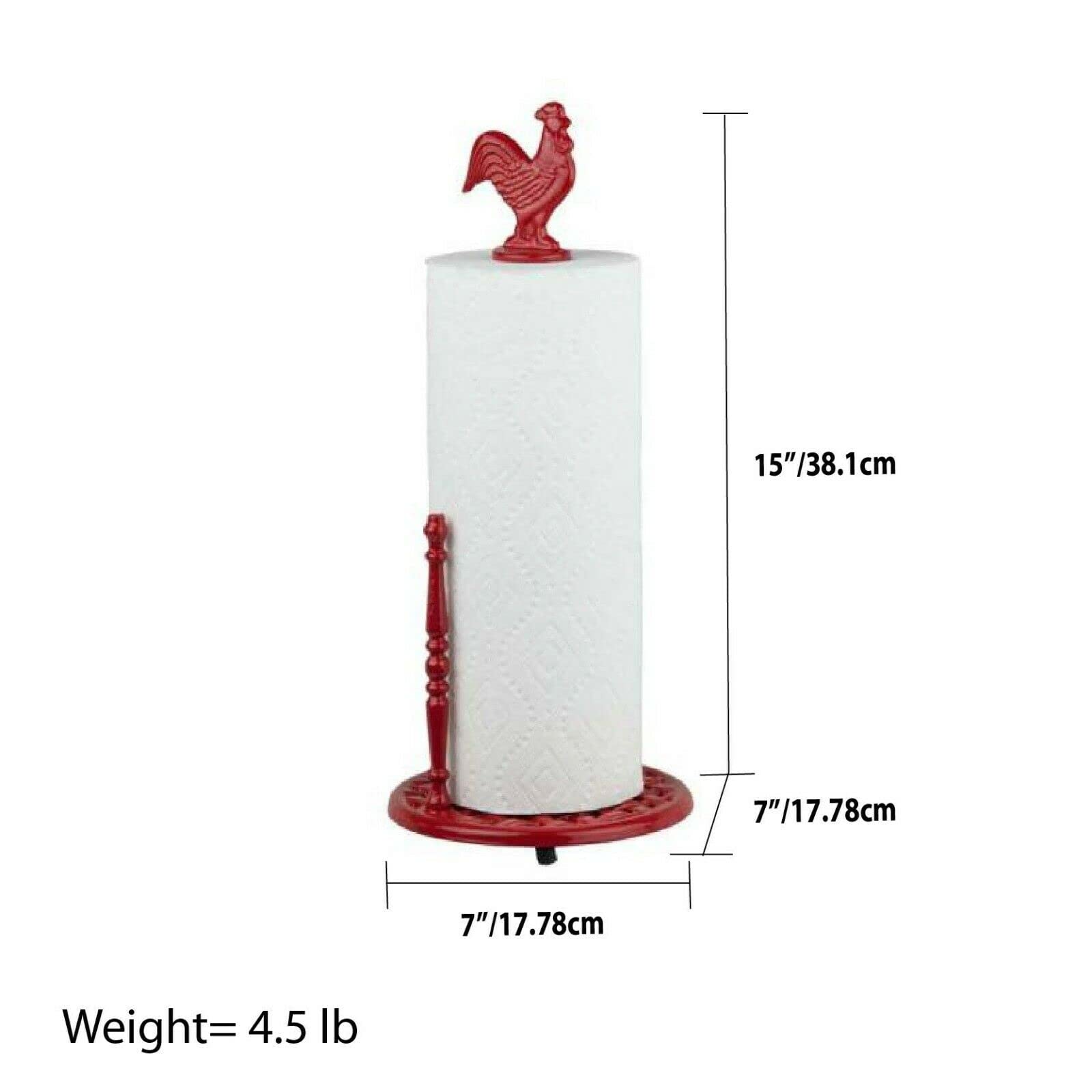 Linen StoreĀ Cast Iron Paper Towel Holder with Dispensing Side Bar, Free-Standing Heavy Duty Kitchen Decor Beautiful Farmhouse Rooster Design - Red