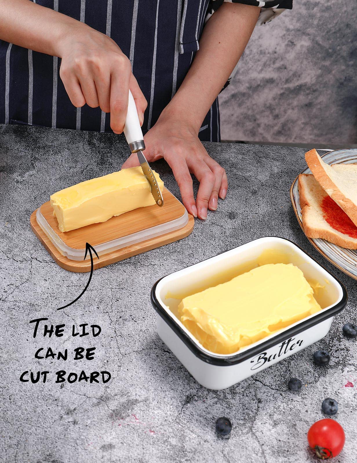 AISBUGUR Large Butter Dish with Lid for Countertop, Metal Butter Keeper with Stainless Steel Multipurpose Butter Knife, Butter Container with Double High-quality Silicone Good Kitchen Gift White