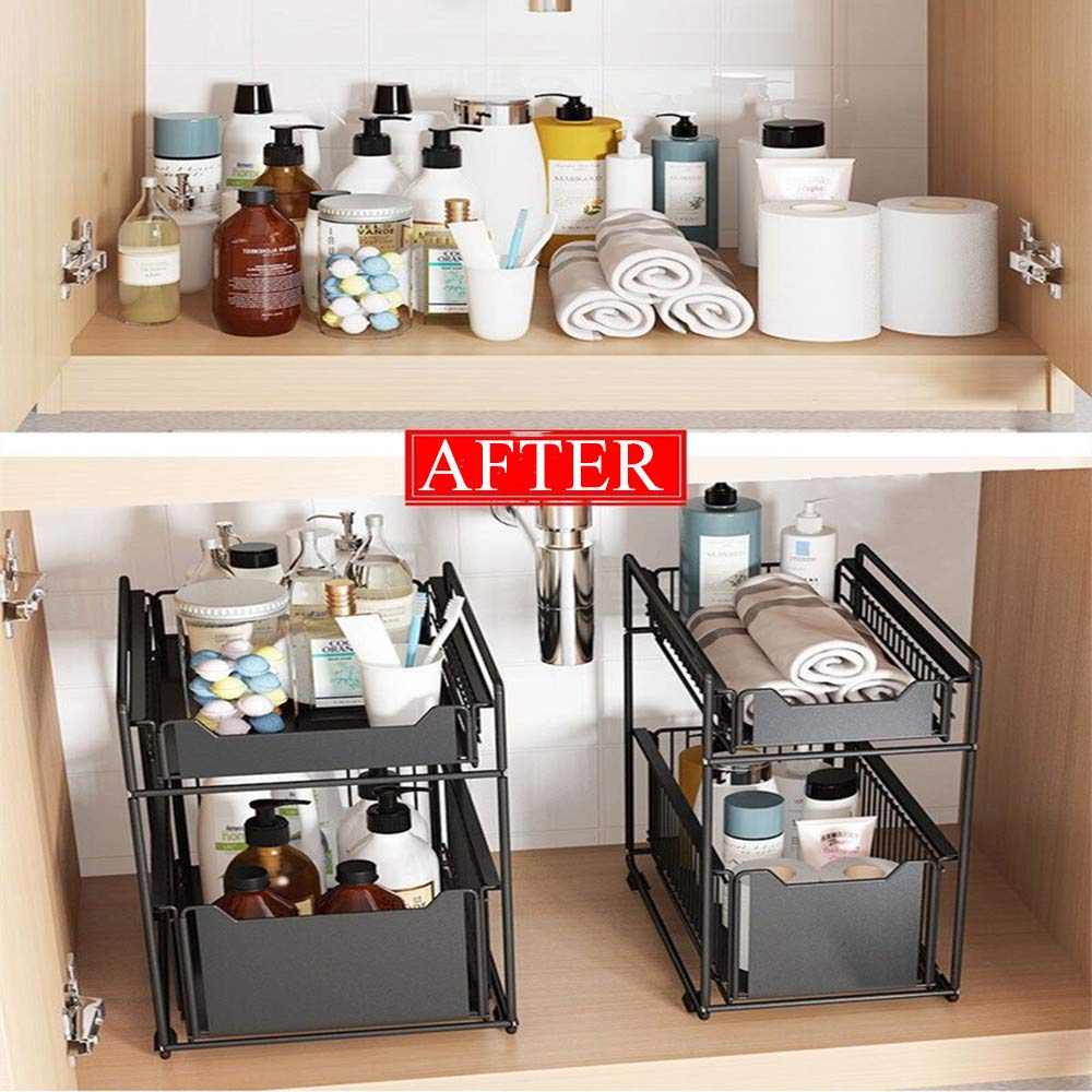 DCIGNA Stackable 2-Tie Under Sink Cabinets Organizer With Sliding Storage Drawer, Under Sink Organizer, Pull Out Cabinets Organizer Shelf, Sliding Basket Organizer Drawer For Kitchen, Bathroom, Office