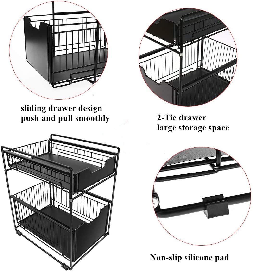 DCIGNA Stackable 2-Tie Under Sink Cabinets Organizer With Sliding Storage Drawer, Under Sink Organizer, Pull Out Cabinets Organizer Shelf, Sliding Basket Organizer Drawer For Kitchen, Bathroom, Office