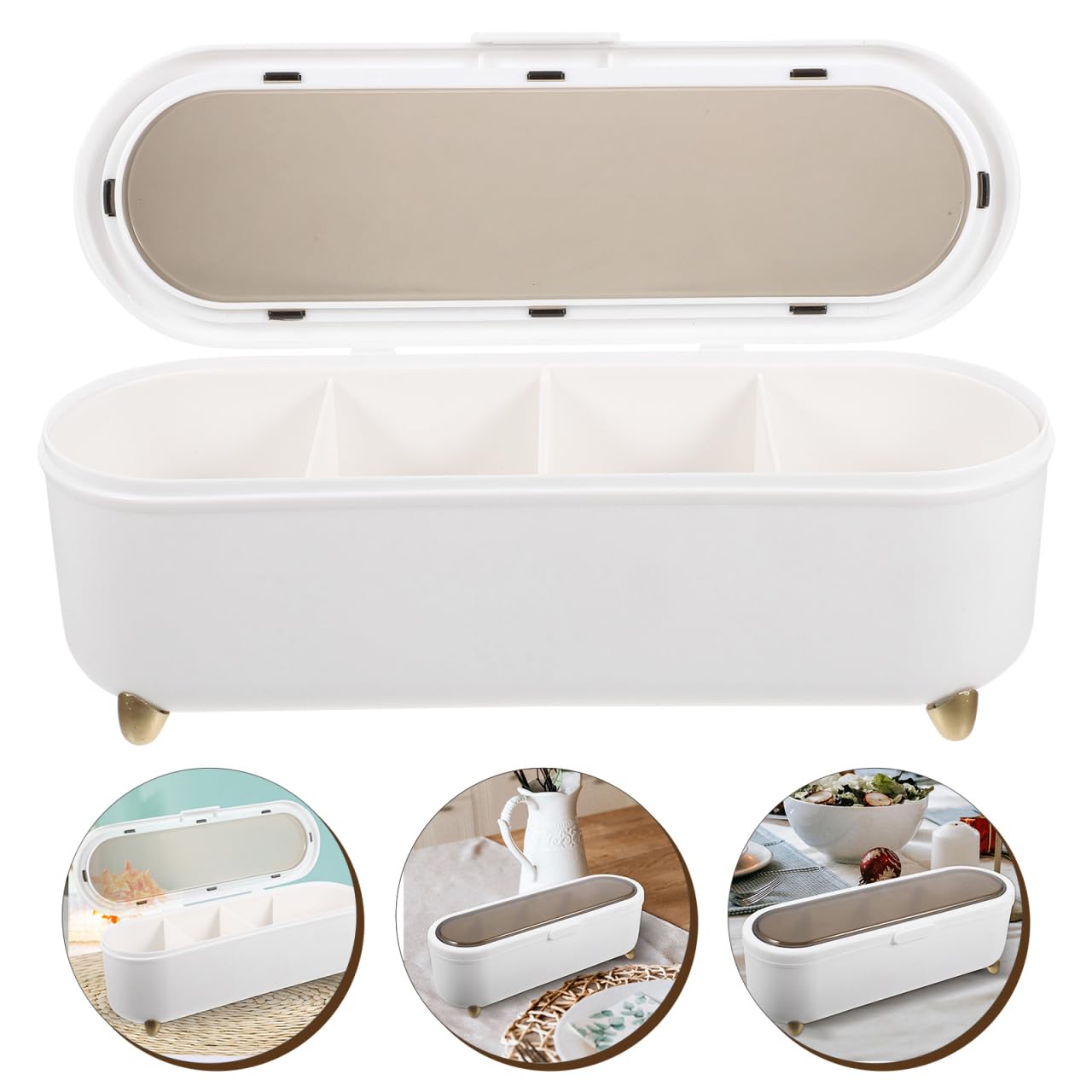Hemoton Flatware Tray with Lids Plastic Cutlery Storage Box Kitchen Cutlery Utensil Drawer Organizer with Cover Silverware Countertop Storage Containers (White)