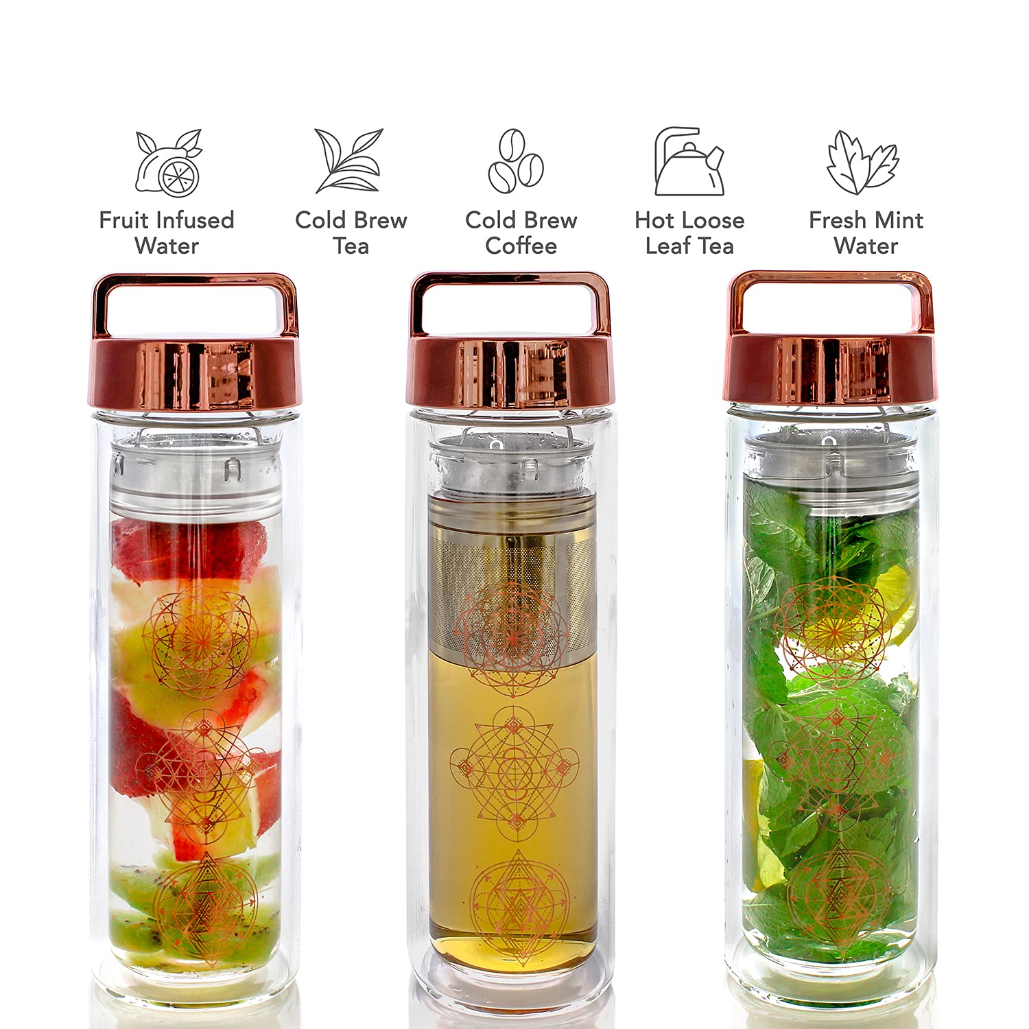 Teabloom All-Purpose Beverage Tumbler – 15 oz / 450 ml Insulated Glass Bottle – Tea, Coffee, Fruit Infused Water – All-Temperature Travel Mug – Stainless Steel Infuser Basket – The Wayfarer Tumbler
