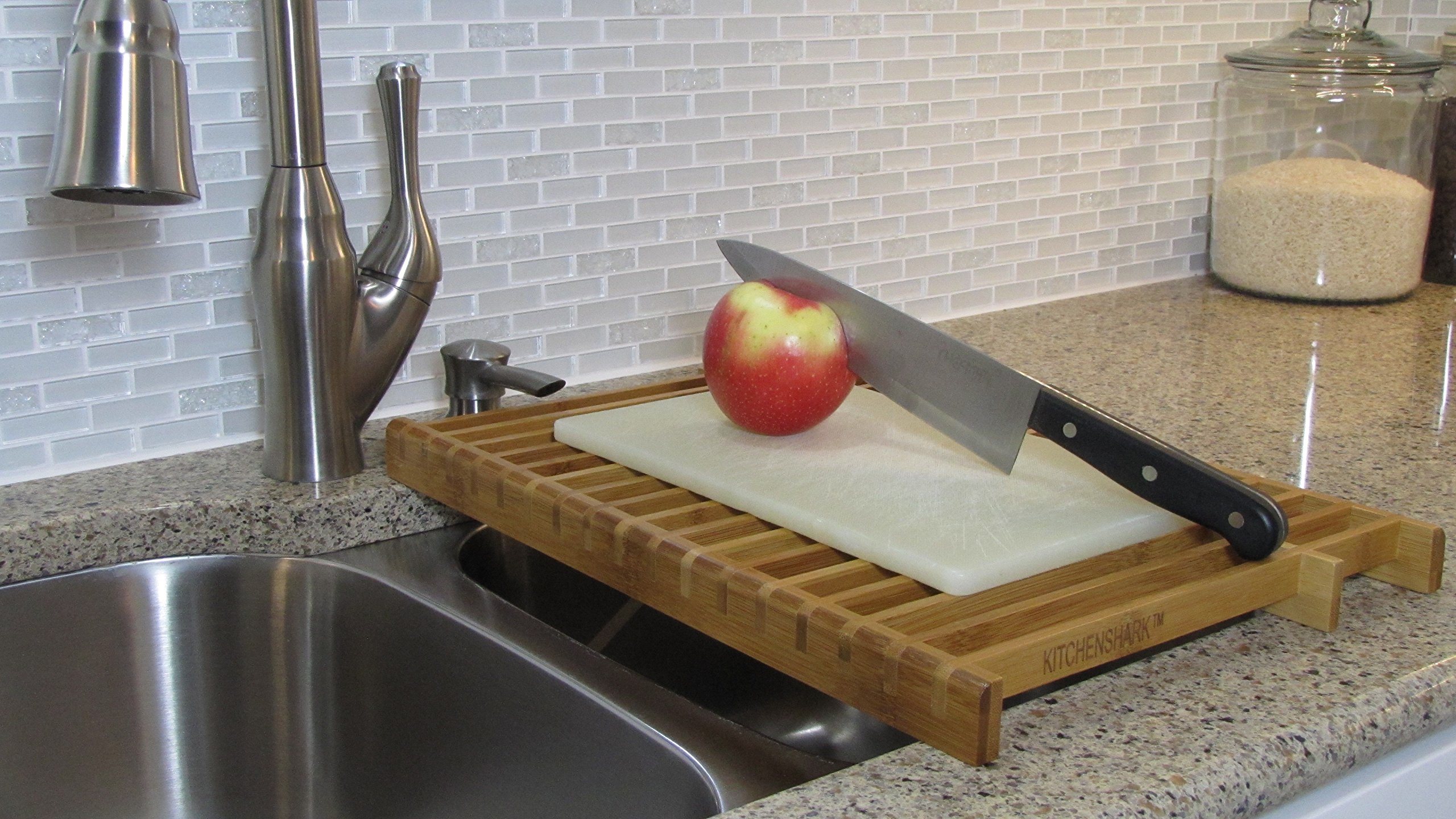 KitchenEdge Over The Sink Dish Drying Rack, Plate Pot Drainer for Kitchen Countertop, 100% Natural Bamboo