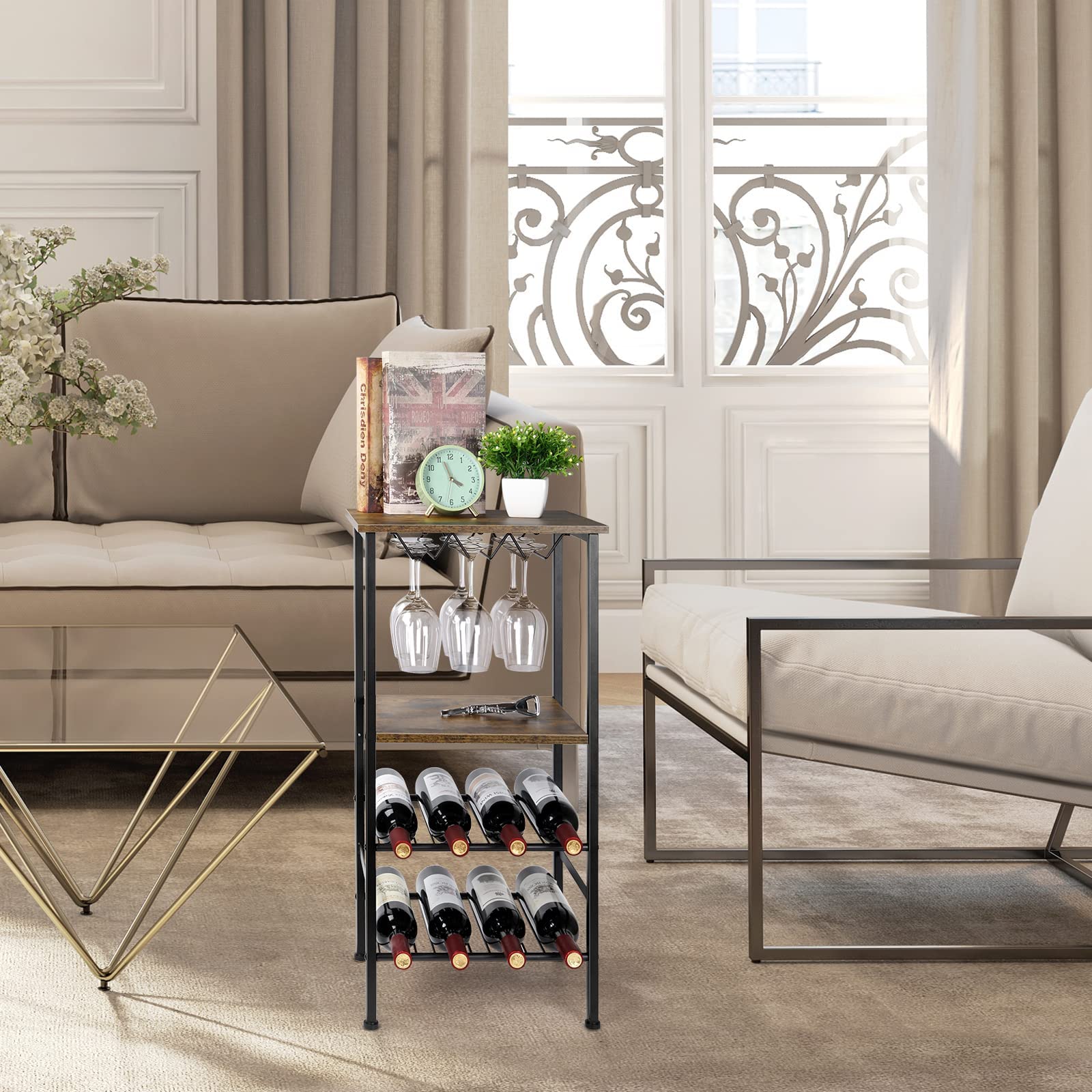 ETELI Wine Rack Table Freestanding Floor Wood Wine Bottles Storage with Shelves Hold 8 Wine Bottles and 9 Goblets Industrial Small Wine Display Stand for Dining Room Kitchen,Brown