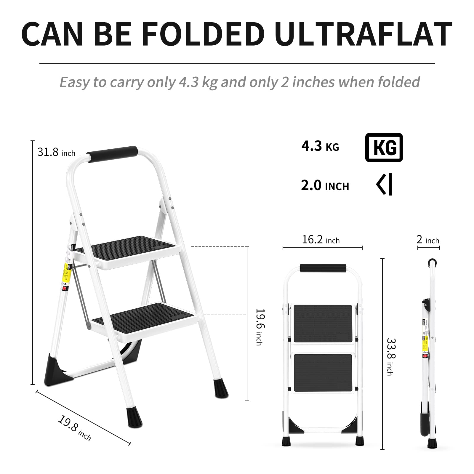 Step Ladder EFFIELER,2 Step Stool Ergonomic Folding Step Stool with Wide Anti-Slip Pedal 430 lbs Sturdy Step Stool for Adults Multi-Use for Household, Kitchen,Office Step Ladder Stool (White)