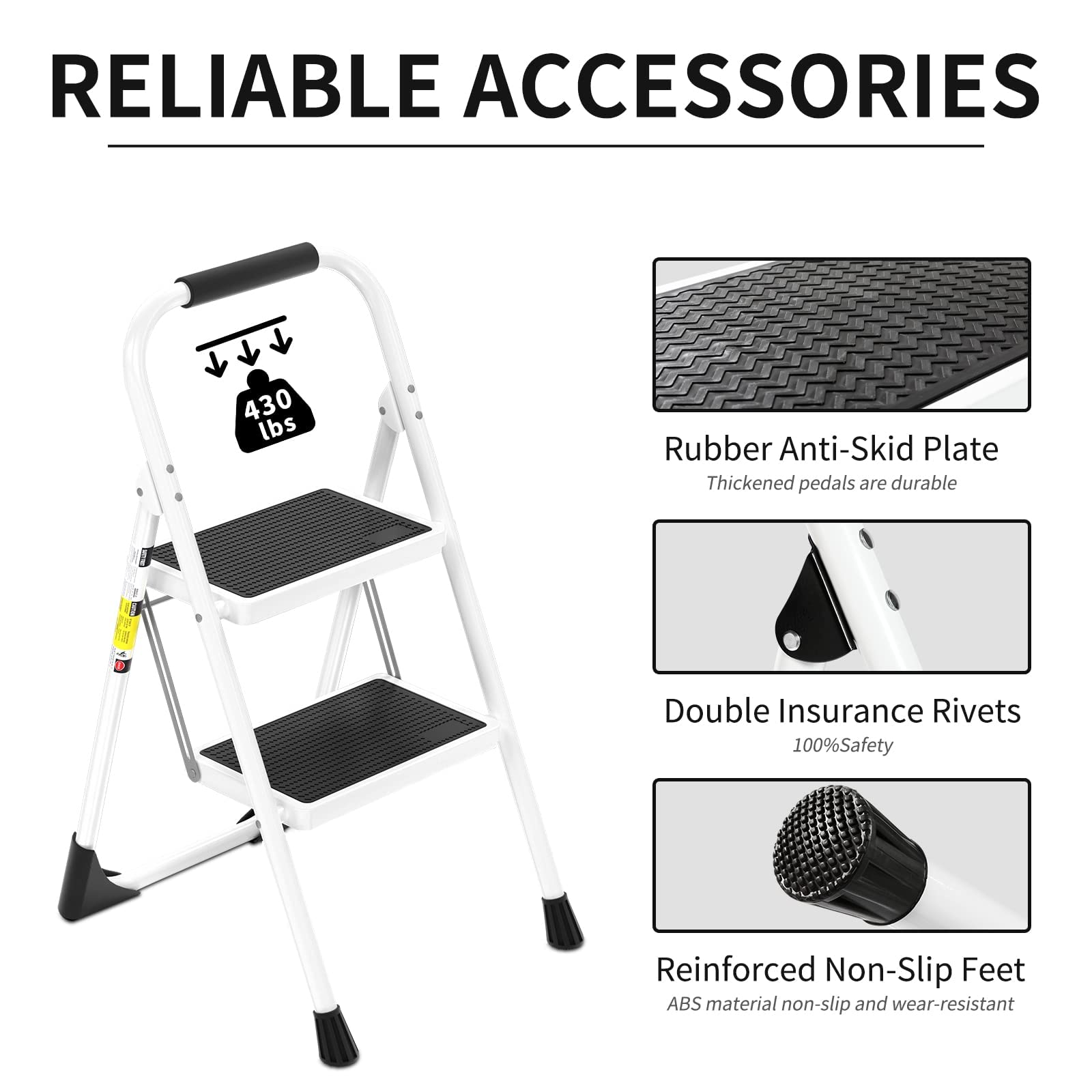Step Ladder EFFIELER,2 Step Stool Ergonomic Folding Step Stool with Wide Anti-Slip Pedal 430 lbs Sturdy Step Stool for Adults Multi-Use for Household, Kitchen,Office Step Ladder Stool (White)