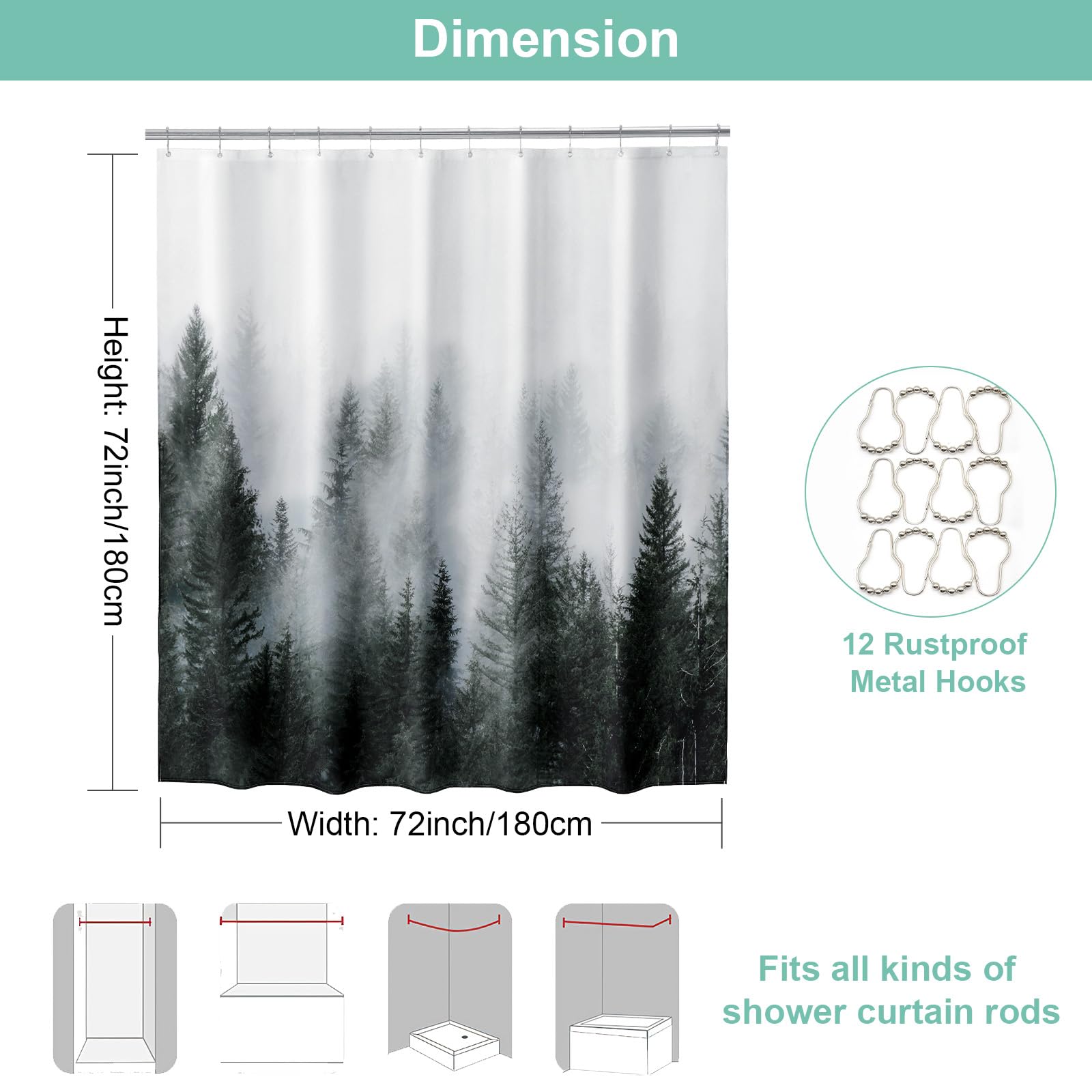 ORTIGIA Misty Forest Shower Curtains,Nature Shower Curtain,Woodland Shower Curtain,Fantasy Fog Magic Winter Tree Bath Curtain for Bathroom,Waterproof Polyester Fabric 72" Wx72 L-with Hooks