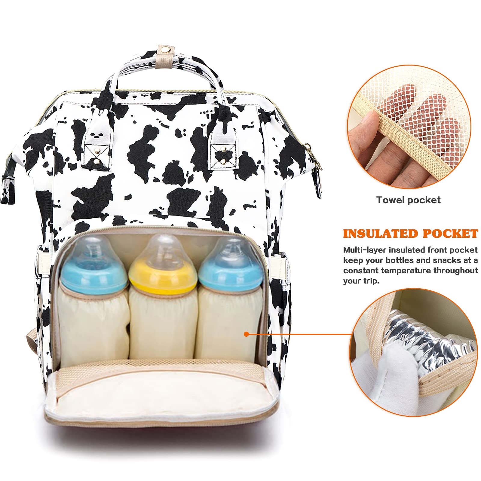 Diaper Bag Backpack for Mom & Dad, Multifunction Waterproof Baby Changing Bags, Large Nappy Bag Backpack (Cow)