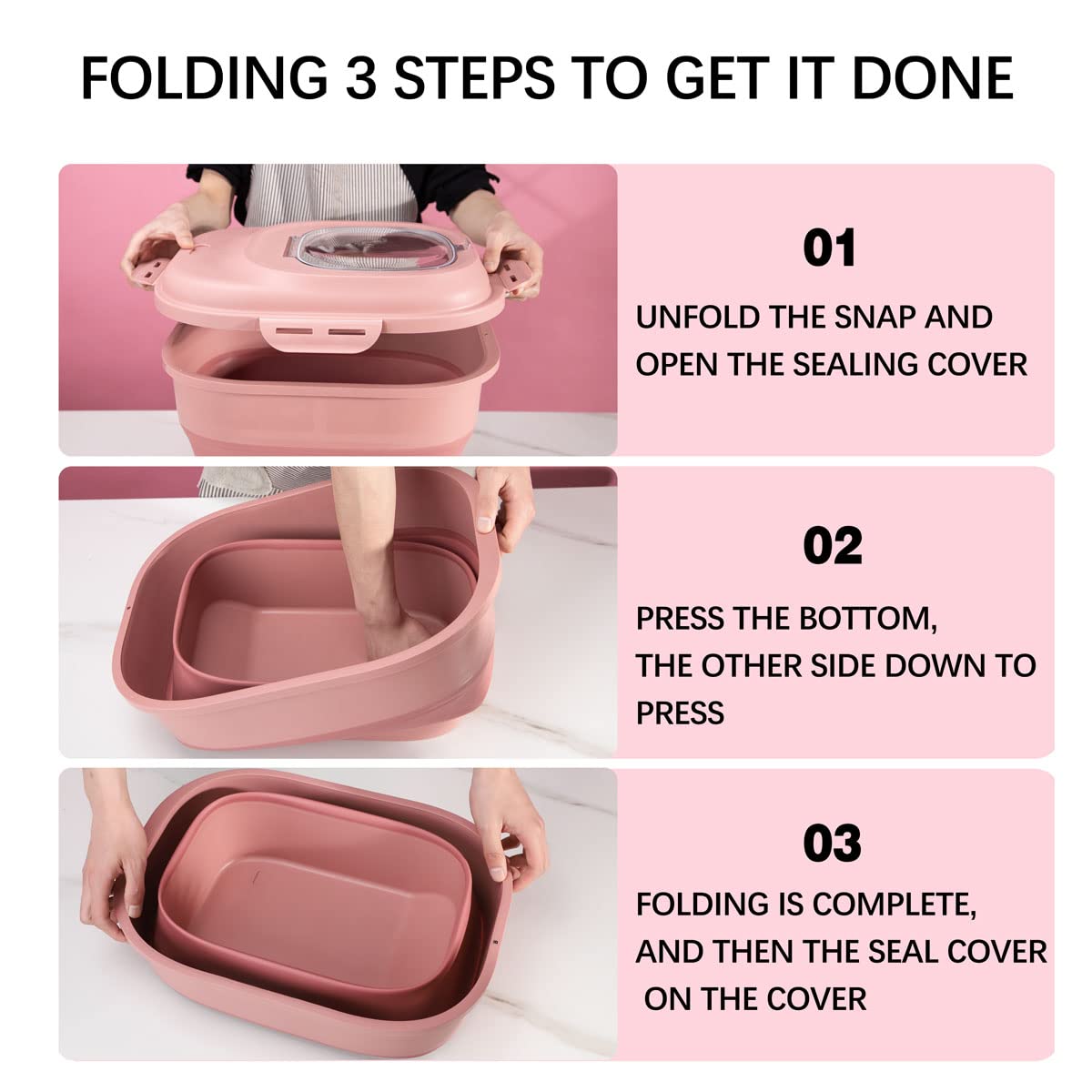 SUT 50 Lbs Pink Food Storage Container, Large Sealed Grain Container Storage with Airtight Locking Lid and Rolling Wheels, Leakproof Sealable Collapsible Large Rice Food Storage Container