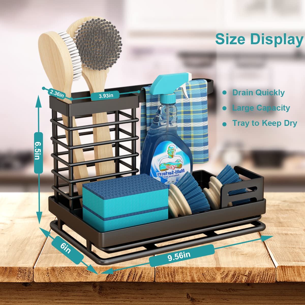 Teemuday Kitchen Sink Caddy, Dry Sink Organizer Drain Rack, Stainless Steel Sponge Holder With Water Tray, Kitchen Counter Storage For Soap, Sponge, Scrubber Brush,Dishes,Bottle Brush