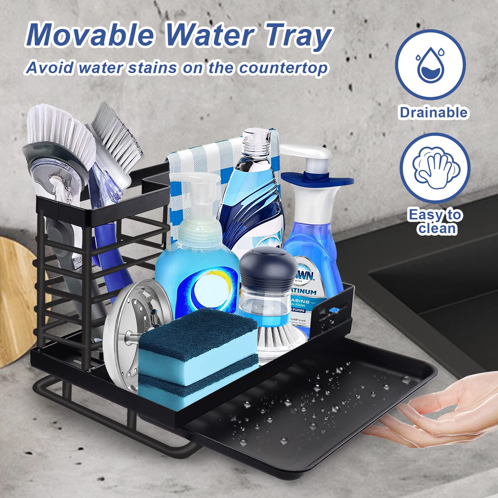 Teemuday Kitchen Sink Caddy, Dry Sink Organizer Drain Rack, Stainless Steel Sponge Holder With Water Tray, Kitchen Counter Storage For Soap, Sponge, Scrubber Brush,Dishes,Bottle Brush