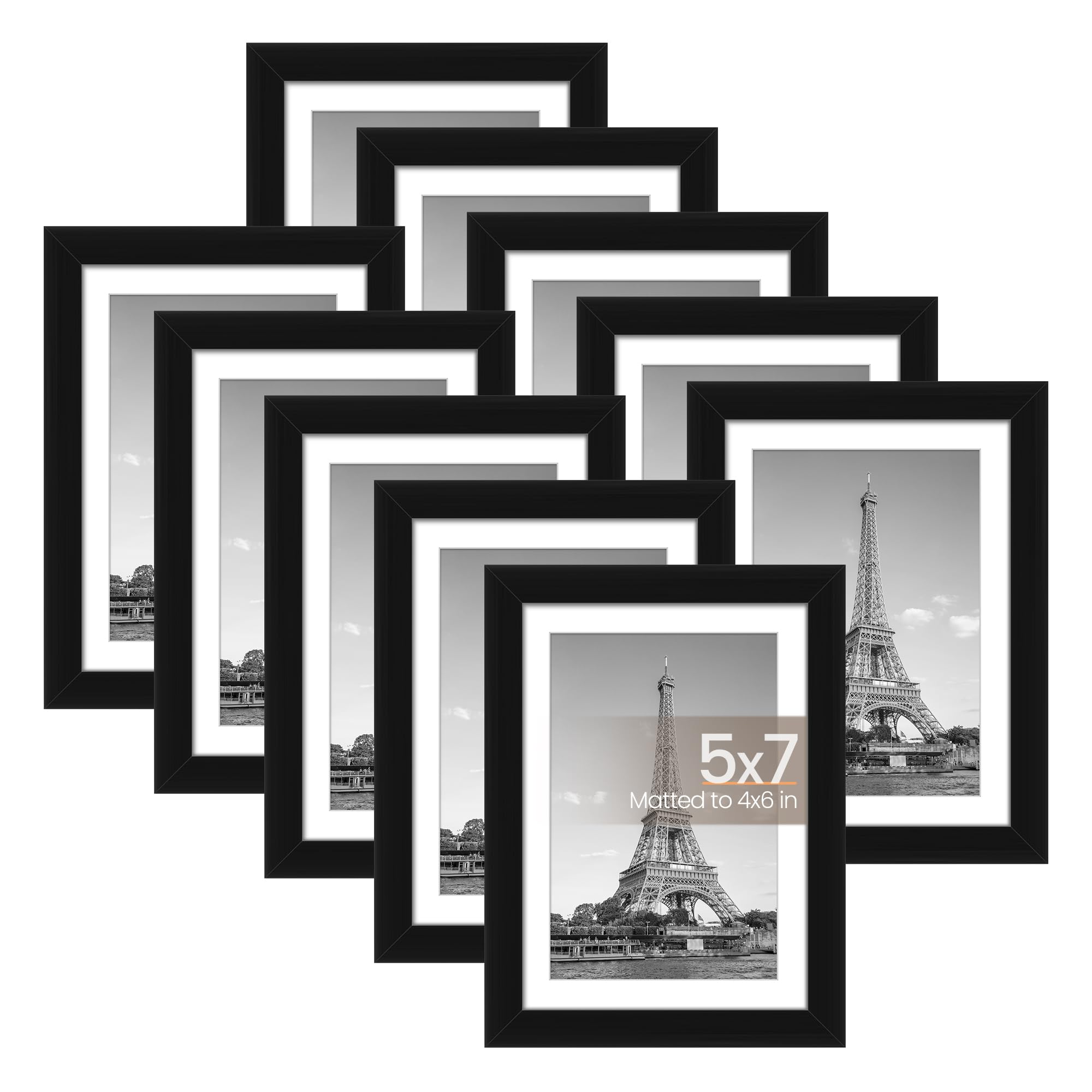 upsimples 5x7 Picture Frame Set of 10, Display Pictures 4x6 with Mat or 5x7 Without Mat, Multi Photo Frames Collage for Wall or Tabletop Display, Black