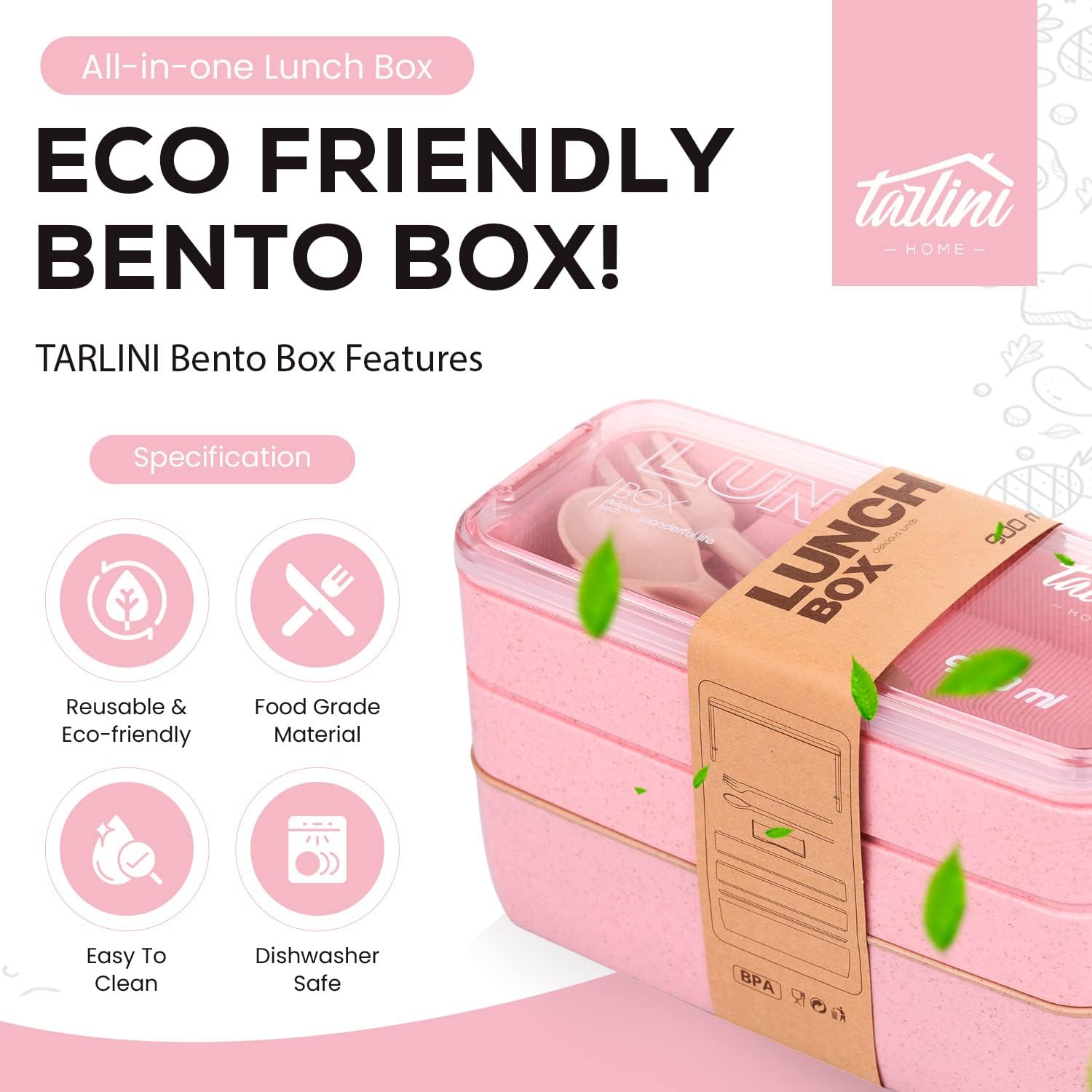 TARLINI Bento Box Lunch Containers- Portable Microwave Japanese Bento Box, Meal Prep Containers For Healthy Food | Tupperware Lunch Box For Adults, Kids, Women, Microwaveable Bowl Plastic Container