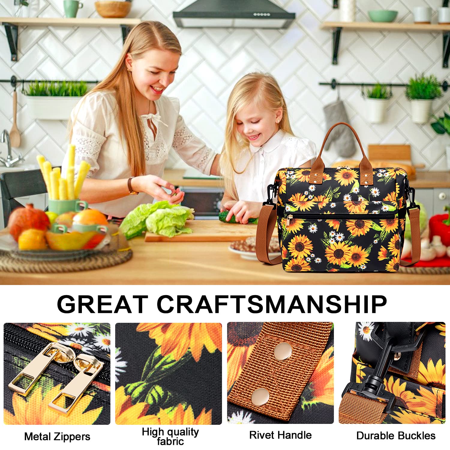 Idle Hippo Insulated Lunch Bag Large Lunch Box Container with Multi-Pockets Leakproof Cooler Tote Bag with Adjustable Shoulder Strap for Adult Men Women Work Office Picnic-Sunflowers