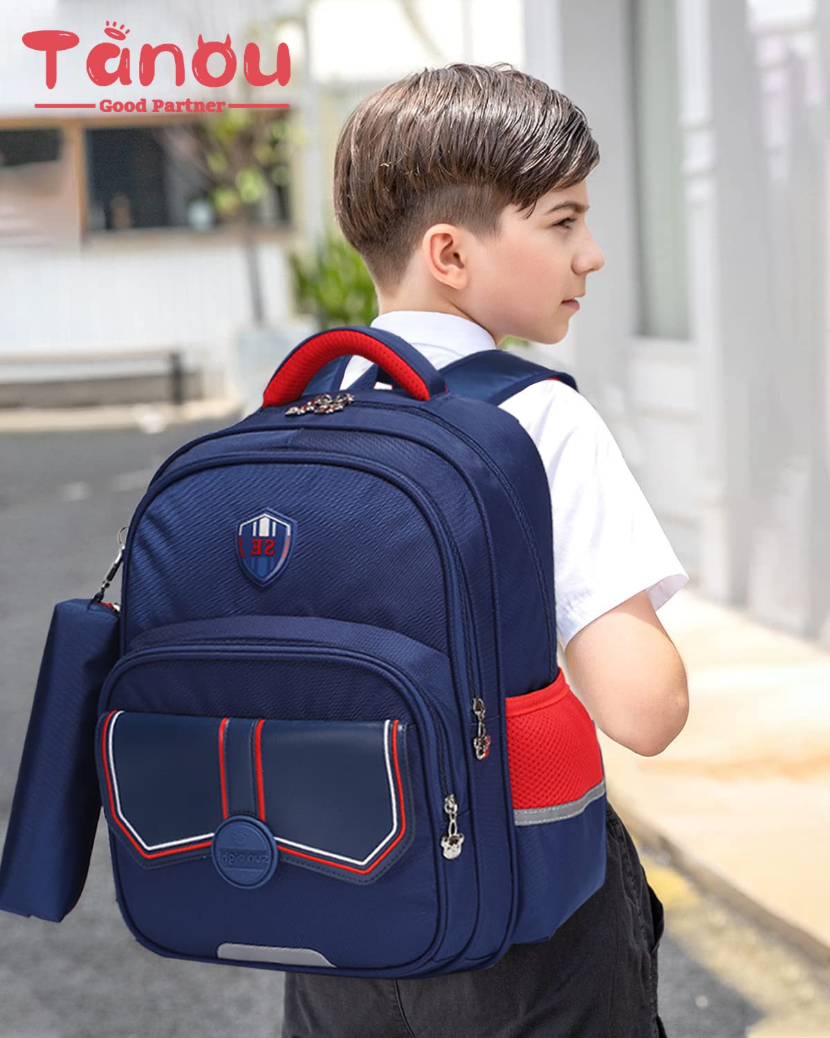 Tanou Kids Backpacks for Boys, 16'' Elementary School Backpack, Breathable Bookbags with Pecnil Case for Boy 5-12 Years, Blue Red