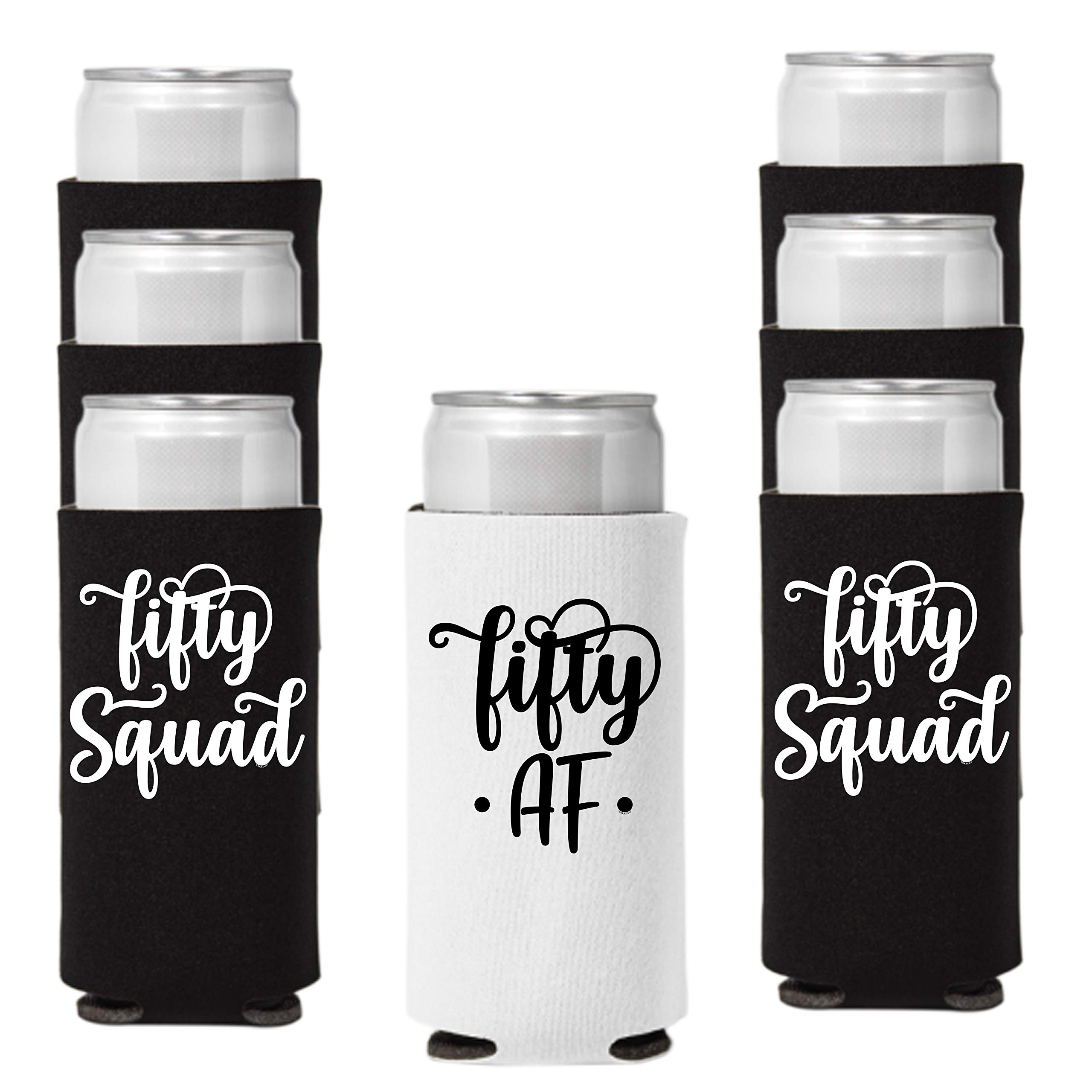 Veracco Fifty AF Fifty Squad 50 Years Slim Can Coolie Holder 50th Birthday Gift Fifty Squad and Fabulous Party Favors Decorations (Black/White, 6)