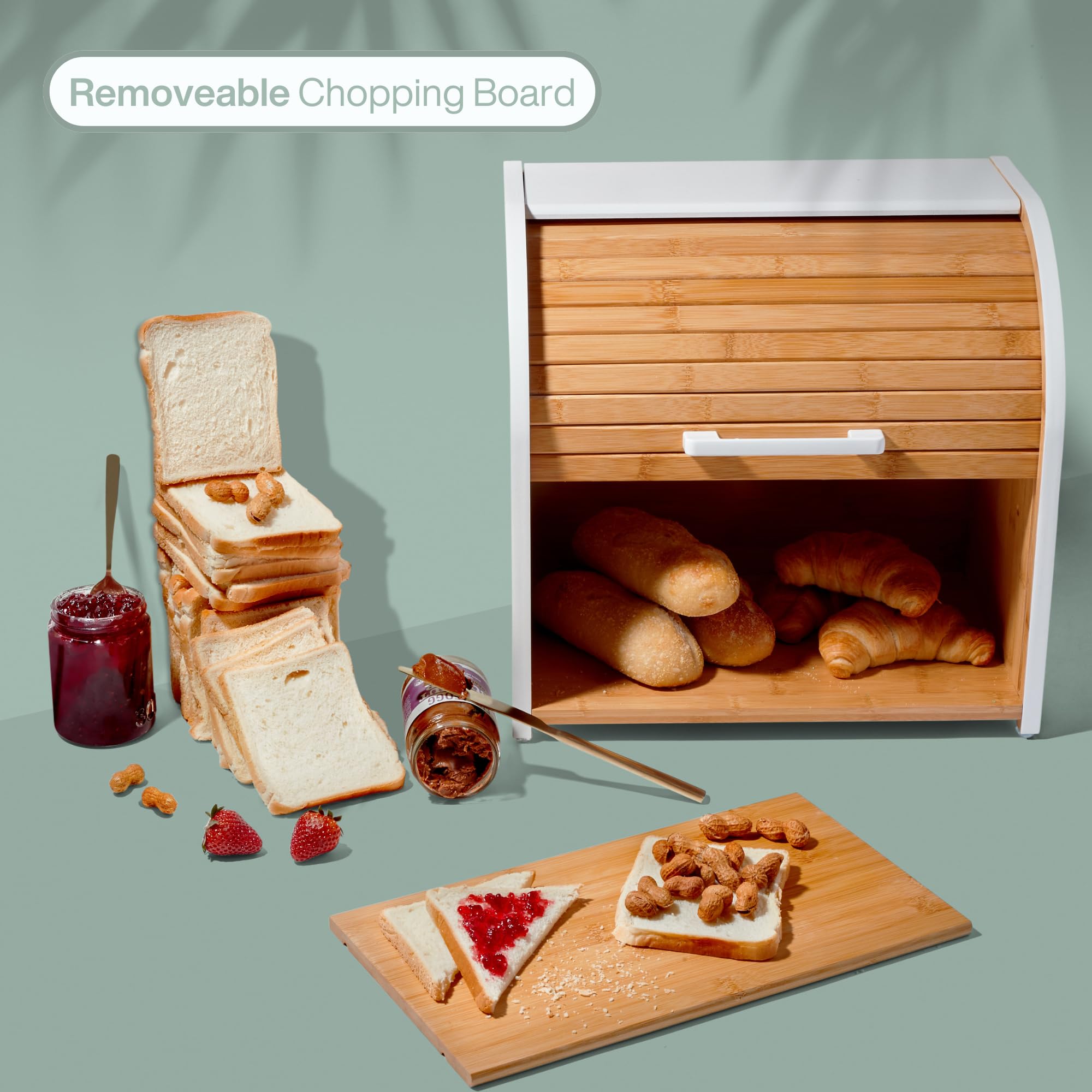 Homefully Co Bamboo Bread Box for Kitchen Countertop, Double Layer Extra Large Bread Box, Roll Top Bread Box White for Kitchen Storage and Decor Farmhouse and Modern 2 Layer Wooden Bread Bin