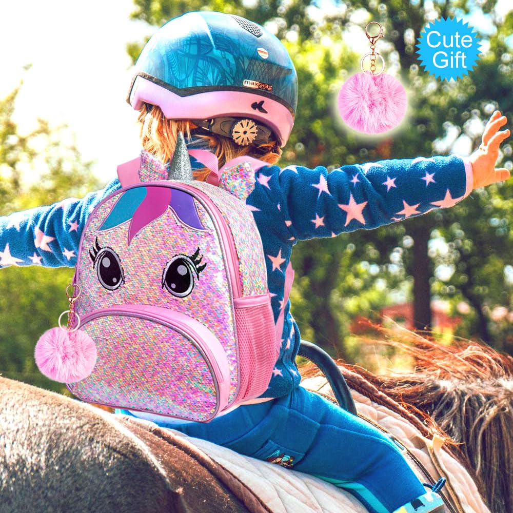 Unicorn Backpack for Girls, Toddler Sequin Preschool Bookbag, 12.5" Cute Cartoon Animal Schoolbag