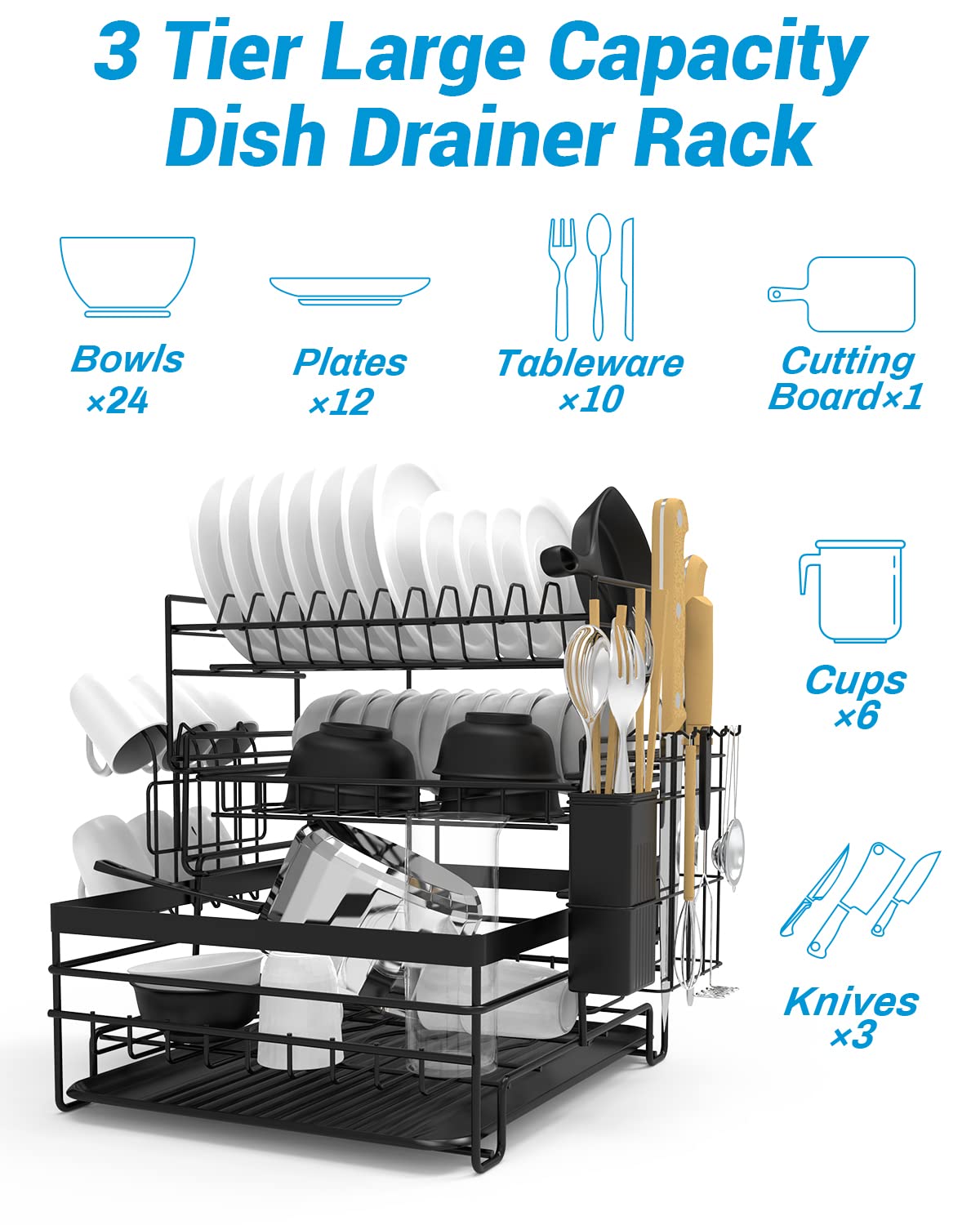 3 Tier Dish Drainer Rack for Kitchen Counter, Large Capacity Dish Drying Rack with Drainboard,Cup Holder,Cutting Board Rack and Cutlery Holder,Detachable Stainless Steel Dish Drying Rack for Kitchen