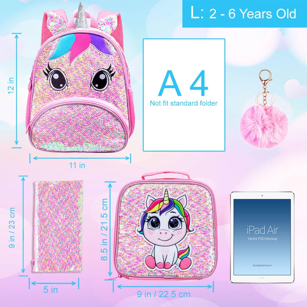 Unicorn Backpack for Girls, Toddler Sequin Preschool Bookbag, 12.5" Cute Cartoon Animal Schoolbag