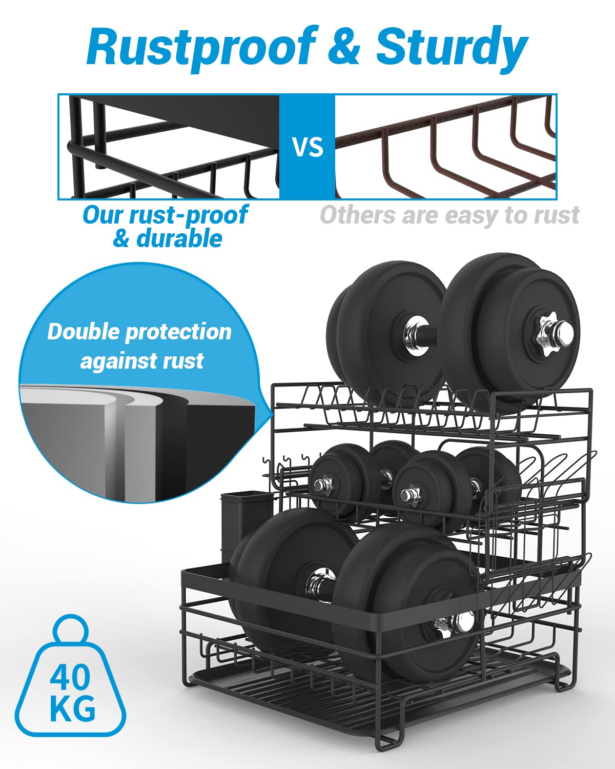 3 Tier Dish Drainer Rack for Kitchen Counter, Large Capacity Dish Drying Rack with Drainboard,Cup Holder,Cutting Board Rack and Cutlery Holder,Detachable Stainless Steel Dish Drying Rack for Kitchen