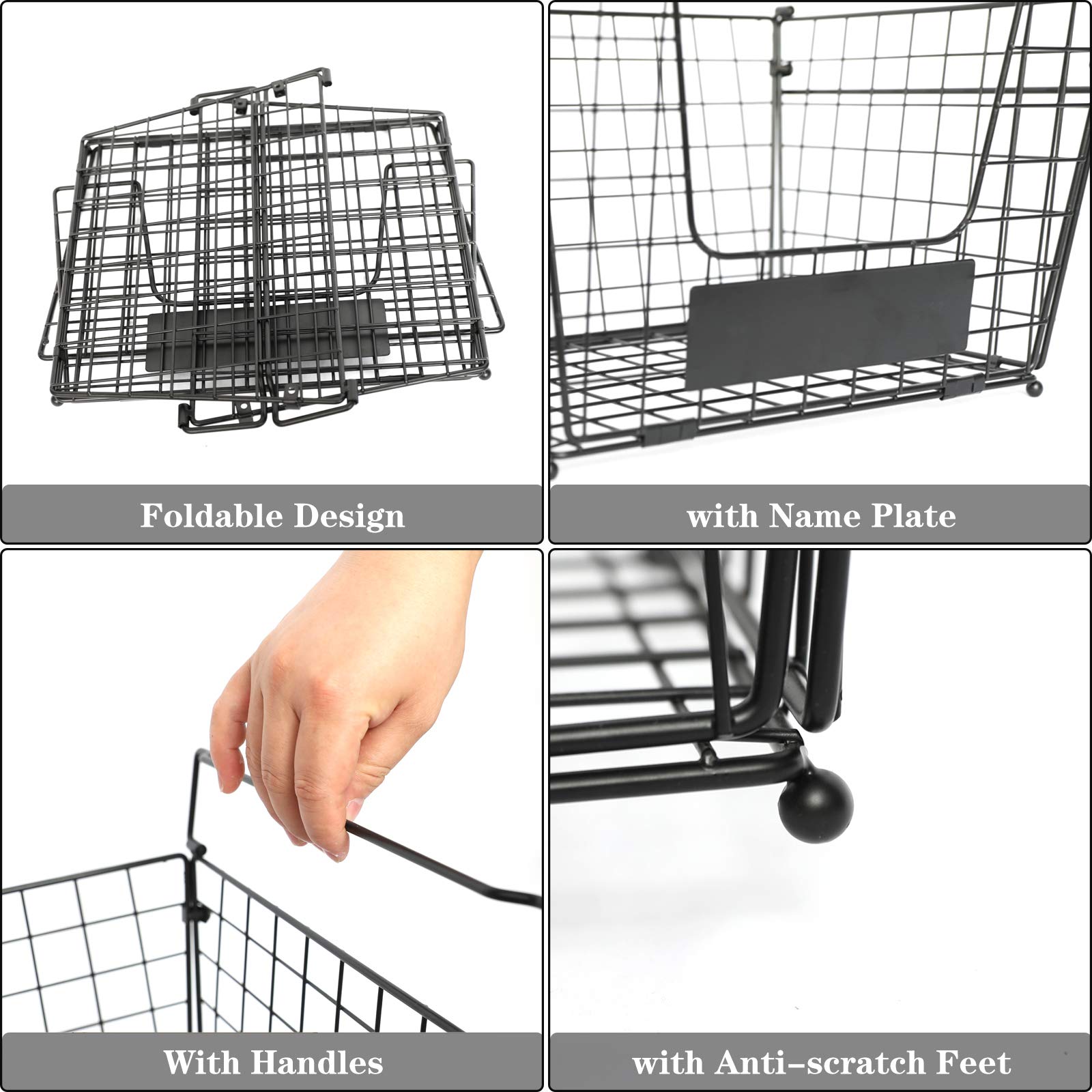 3 Tier Foldable Wire Basket XXXL Size, Stackable Fruit Vegetable Storage Basket with Name Plate Standing Metal Mesh Bin Organizer for Kitchen Counter Pantry Cabinet 14.1''L x 12.5''W x 23.6''H
