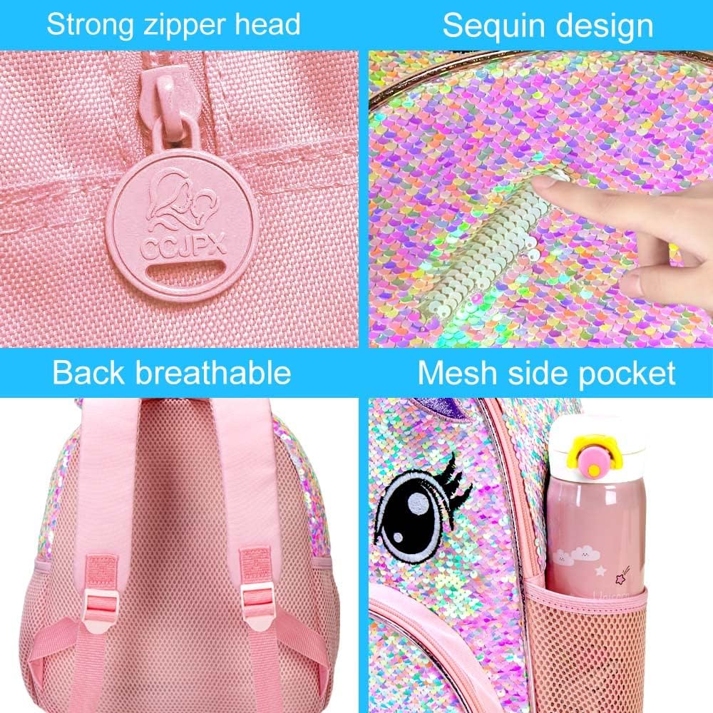 Unicorn Backpack for Girls, Toddler Sequin Preschool Bookbag, 12.5" Cute Cartoon Animal Schoolbag