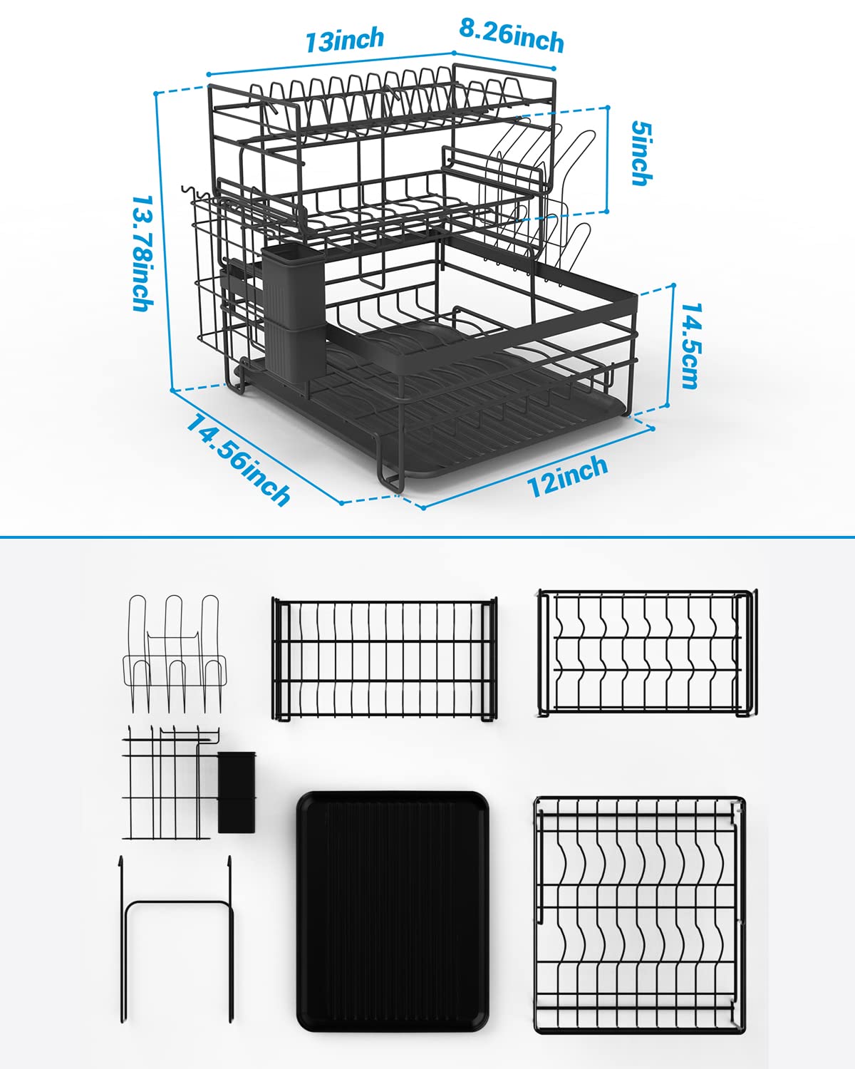 3 Tier Dish Drainer Rack for Kitchen Counter, Large Capacity Dish Drying Rack with Drainboard,Cup Holder,Cutting Board Rack and Cutlery Holder,Detachable Stainless Steel Dish Drying Rack for Kitchen