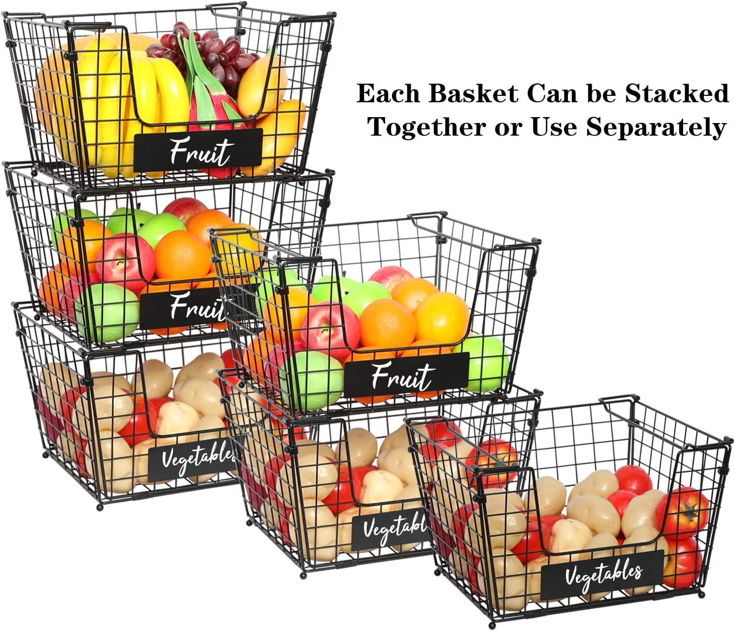 3 Tier Foldable Wire Basket XXXL Size, Stackable Fruit Vegetable Storage Basket with Name Plate Standing Metal Mesh Bin Organizer for Kitchen Counter Pantry Cabinet 14.1''L x 12.5''W x 23.6''H