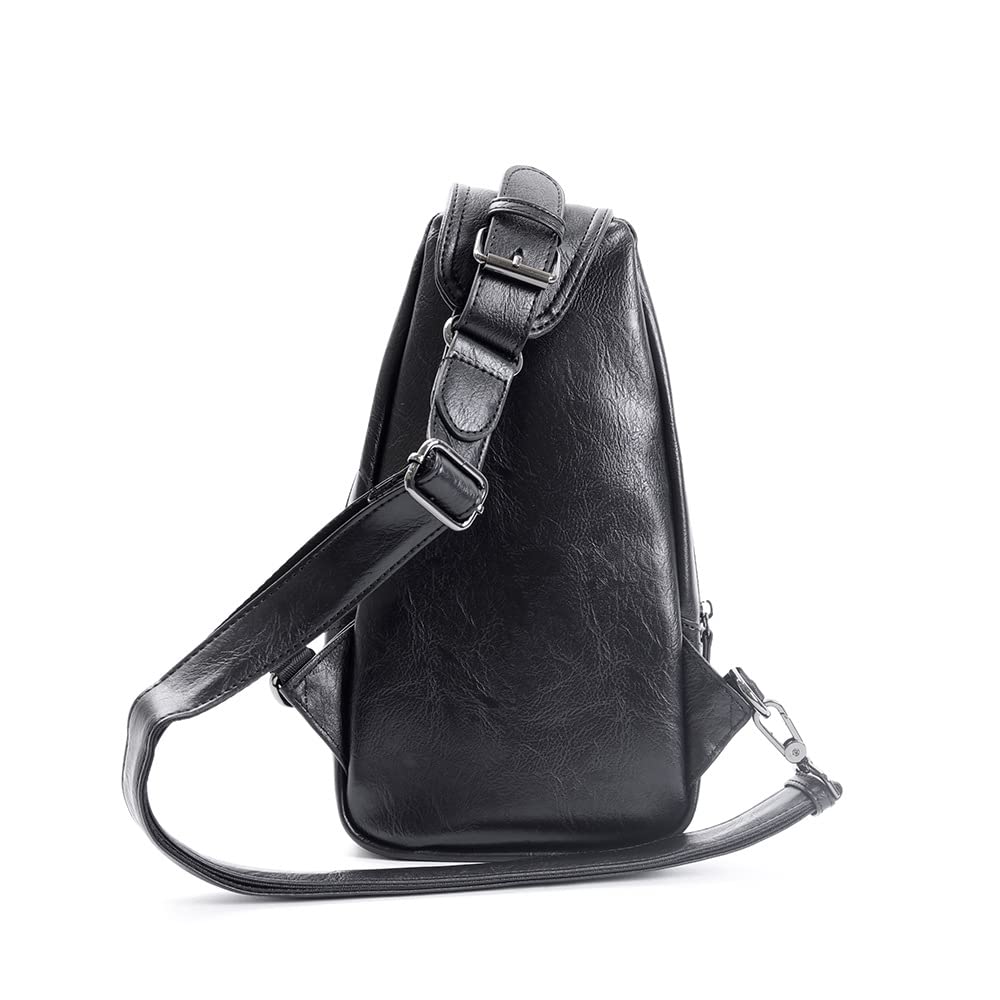 Leather Small Sling Bag,Crossbody Shoulder Bag for Men Women PU Leather Travel Cycle Hiking Daypack (Black)