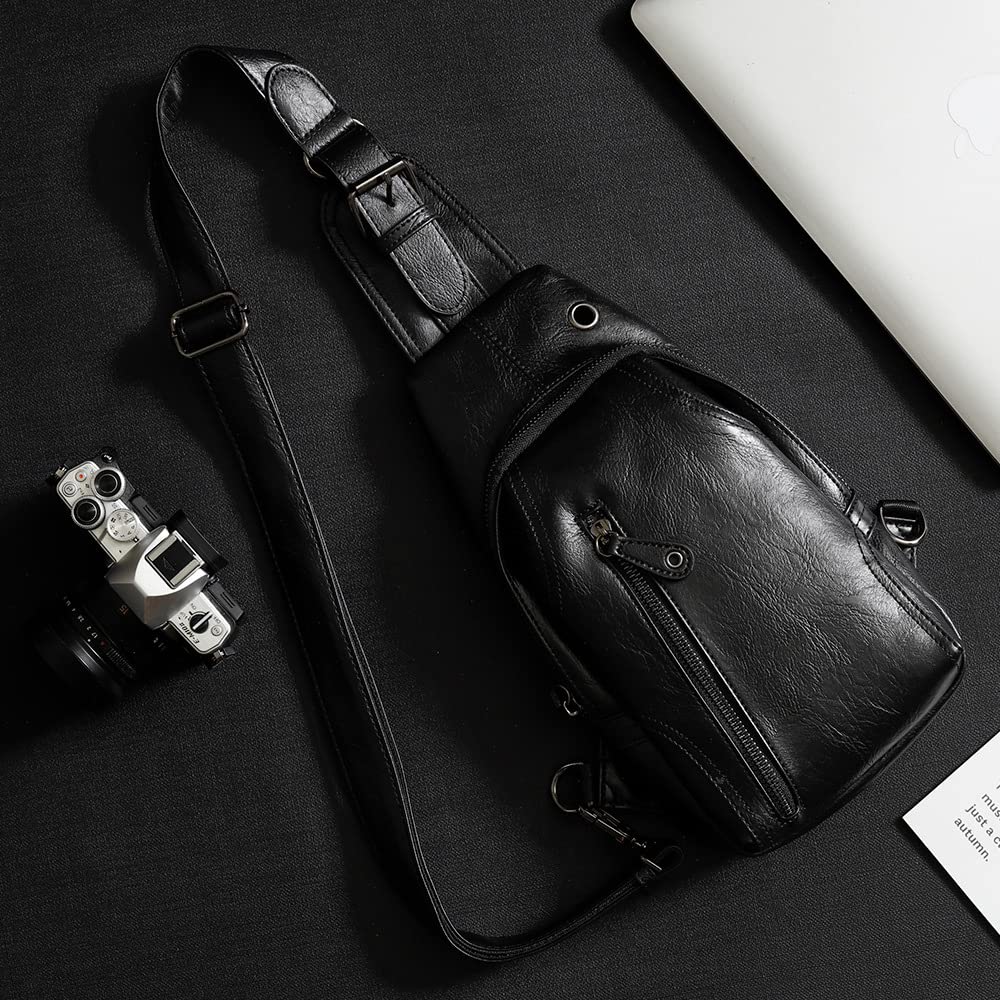 Leather Small Sling Bag,Crossbody Shoulder Bag for Men Women PU Leather Travel Cycle Hiking Daypack (Black)