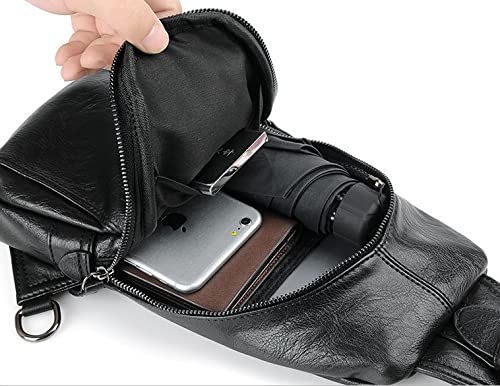 Leather Small Sling Bag,Crossbody Shoulder Bag for Men Women PU Leather Travel Cycle Hiking Daypack (Black)