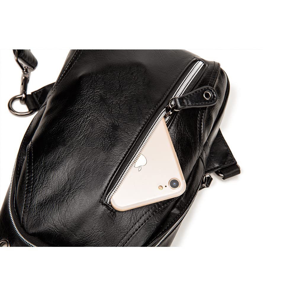 Leather Small Sling Bag,Crossbody Shoulder Bag for Men Women PU Leather Travel Cycle Hiking Daypack (Black)