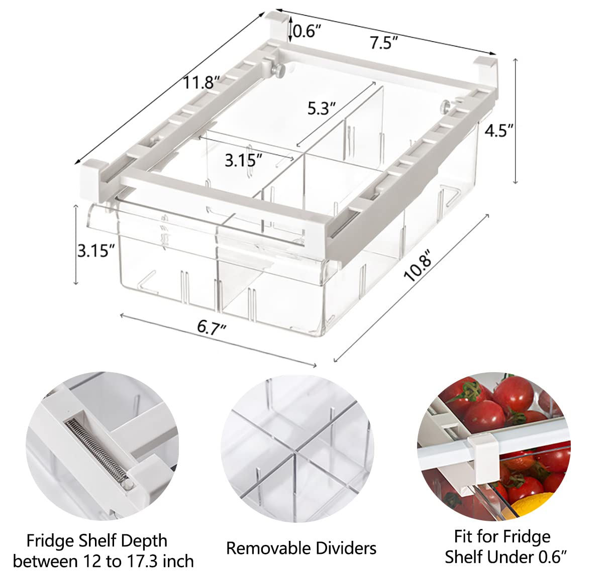 Cezoyx 2 Pack Fridge Drawer Organizer - Pull Out Refrigerator Organizer Bins with 2 Dividers, Fridge Shelf Holder Storage Box for Fruit, Vegetable, Food and Drinks, Fit for Fridge Shelf Under 0.6"