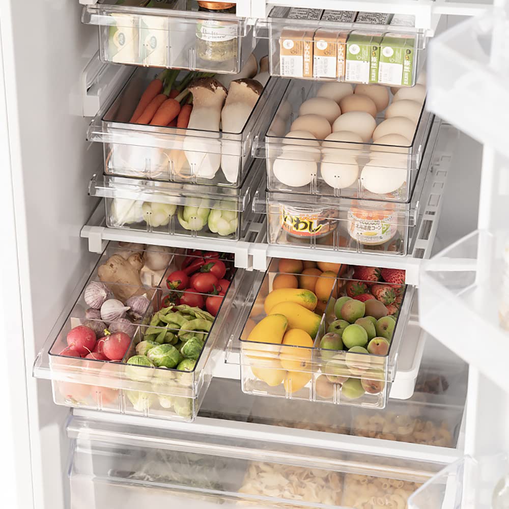 Cezoyx 2 Pack Fridge Drawer Organizer - Pull Out Refrigerator Organizer Bins with 2 Dividers, Fridge Shelf Holder Storage Box for Fruit, Vegetable, Food and Drinks, Fit for Fridge Shelf Under 0.6"