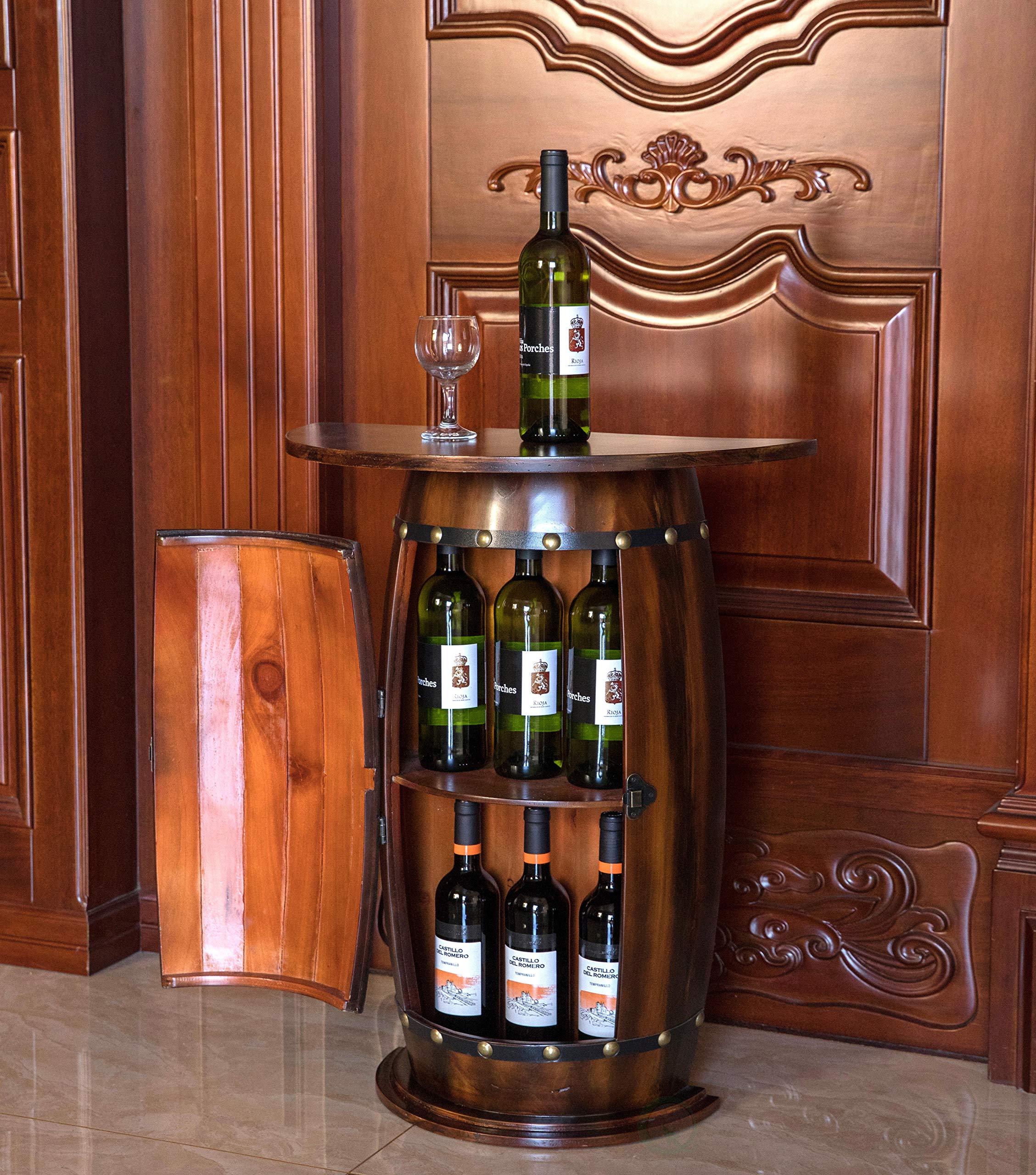 Vintiquewise Rustic Lockable Barrel Shaped Wine Bar Cabinet Wooden End Table
