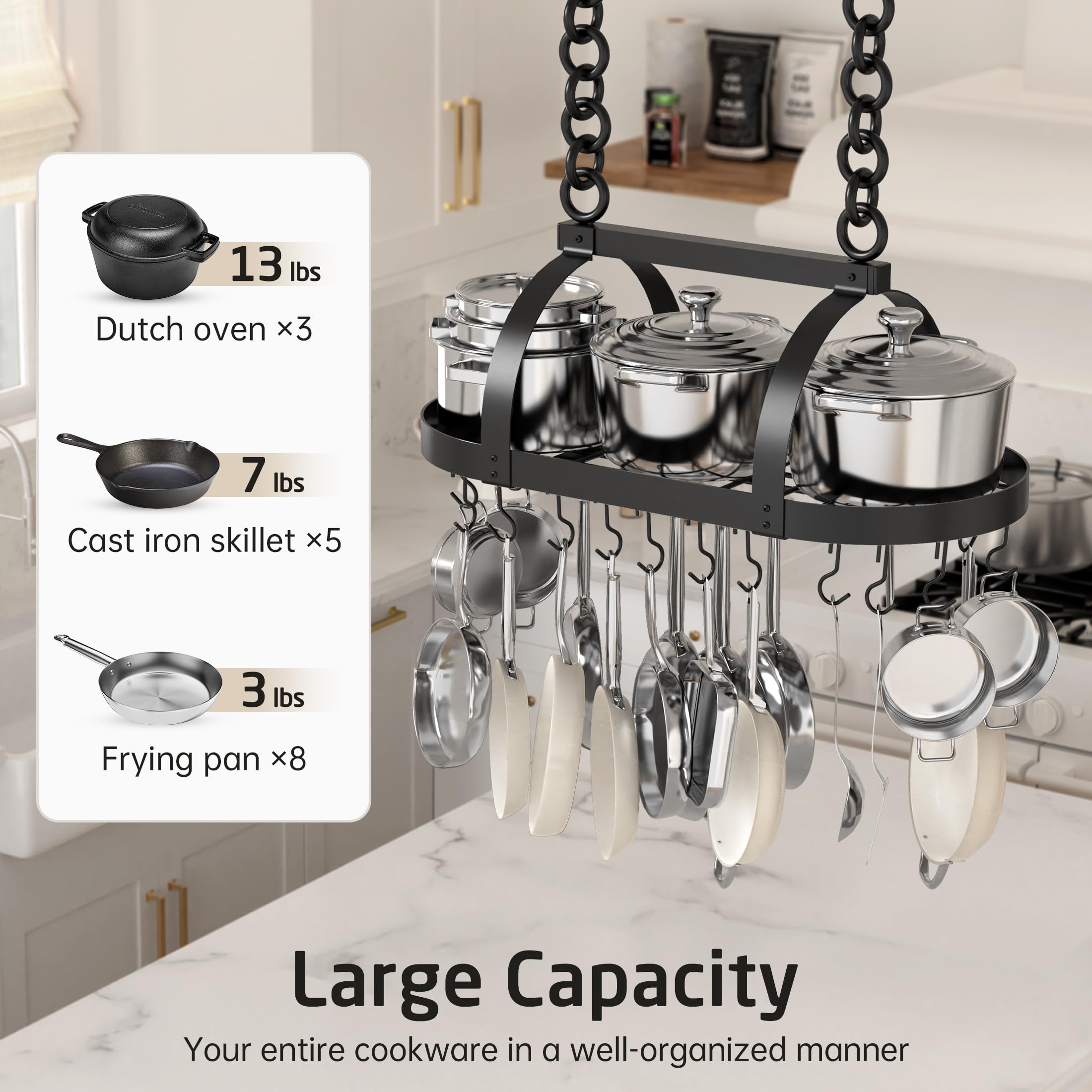 KES Ceiling Pot Rack 34-Inch Hanging Pot Rack for Kitchen Oval Pot and Pan Rack Matte Black Pot Hanger with 20 S Hooks, KUR221S85-BK