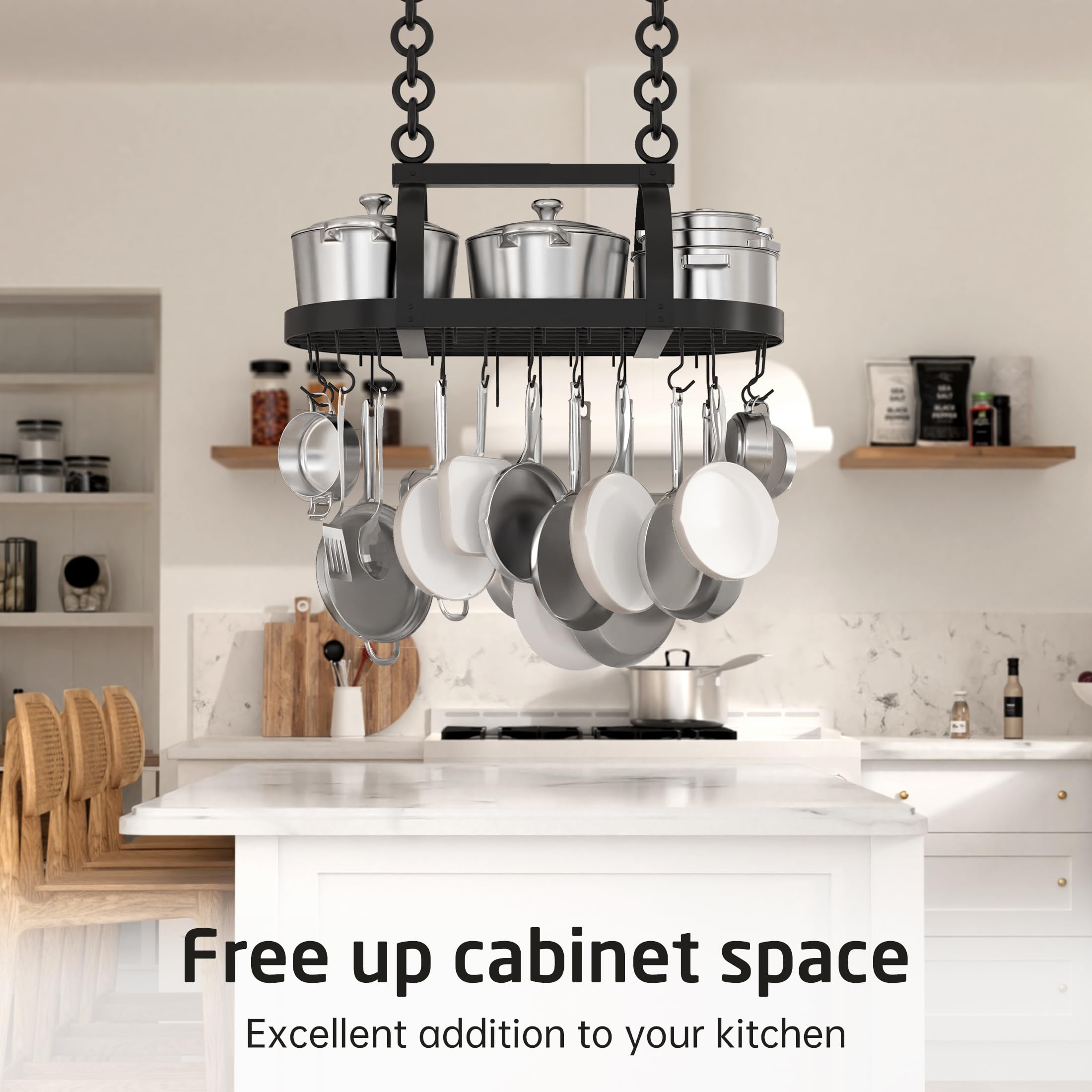 KES Ceiling Pot Rack 34-Inch Hanging Pot Rack for Kitchen Oval Pot and Pan Rack Matte Black Pot Hanger with 20 S Hooks, KUR221S85-BK